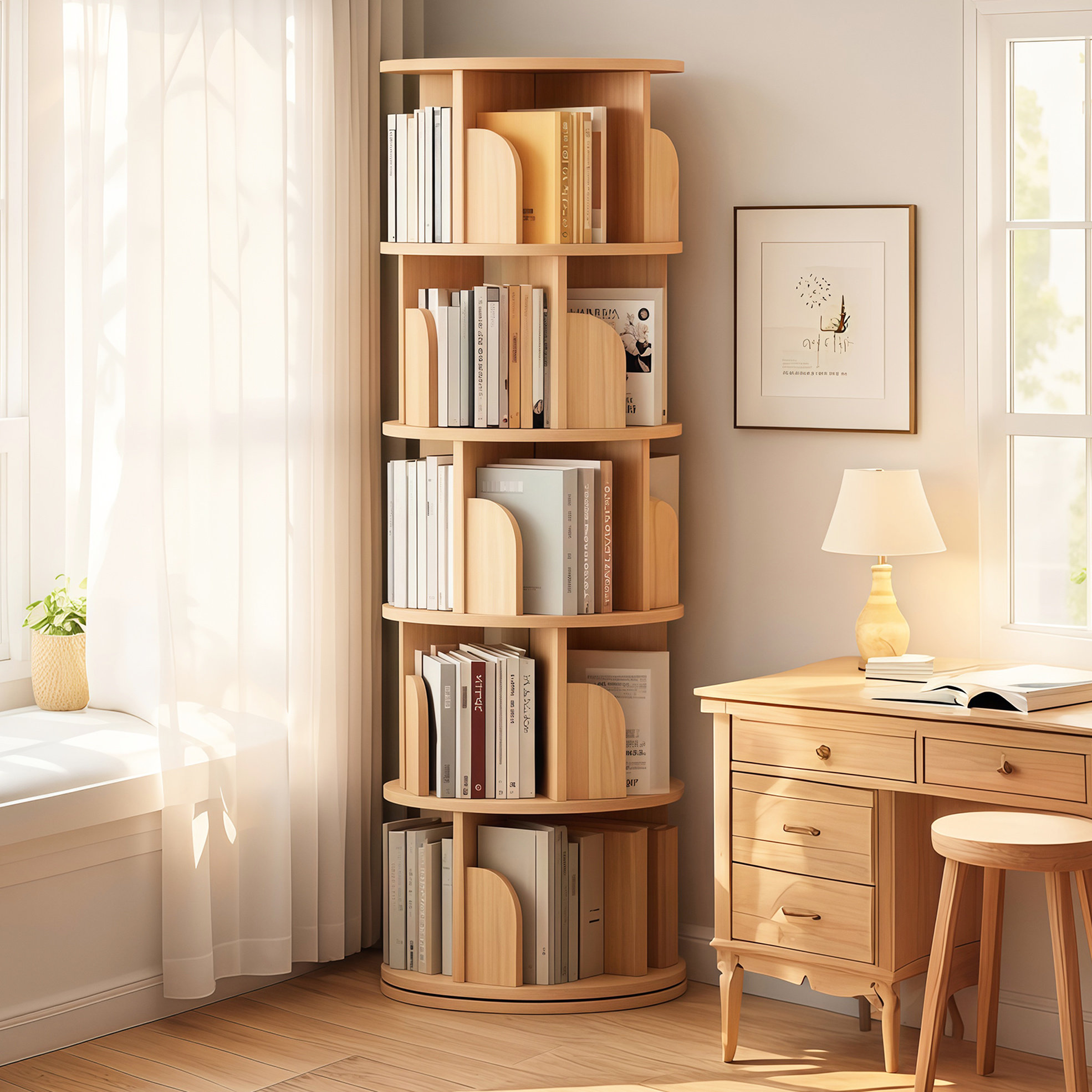 EchoElegance 5 Tier 360 Rotating Round Bookshelf With Curved Edge ...