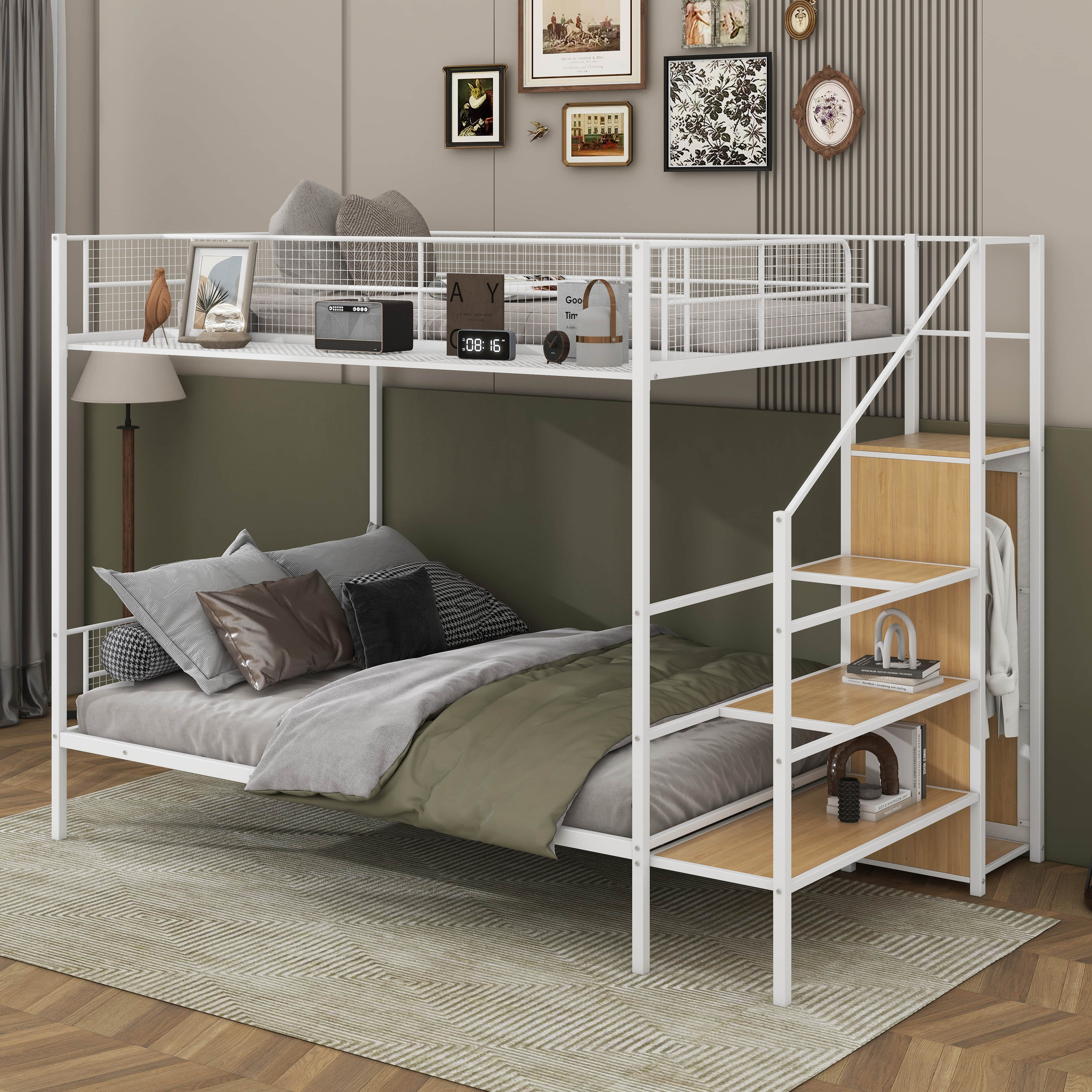 Mason & Marbles Twin Over Full Metal Bunk Bed With Wire Shelving ...