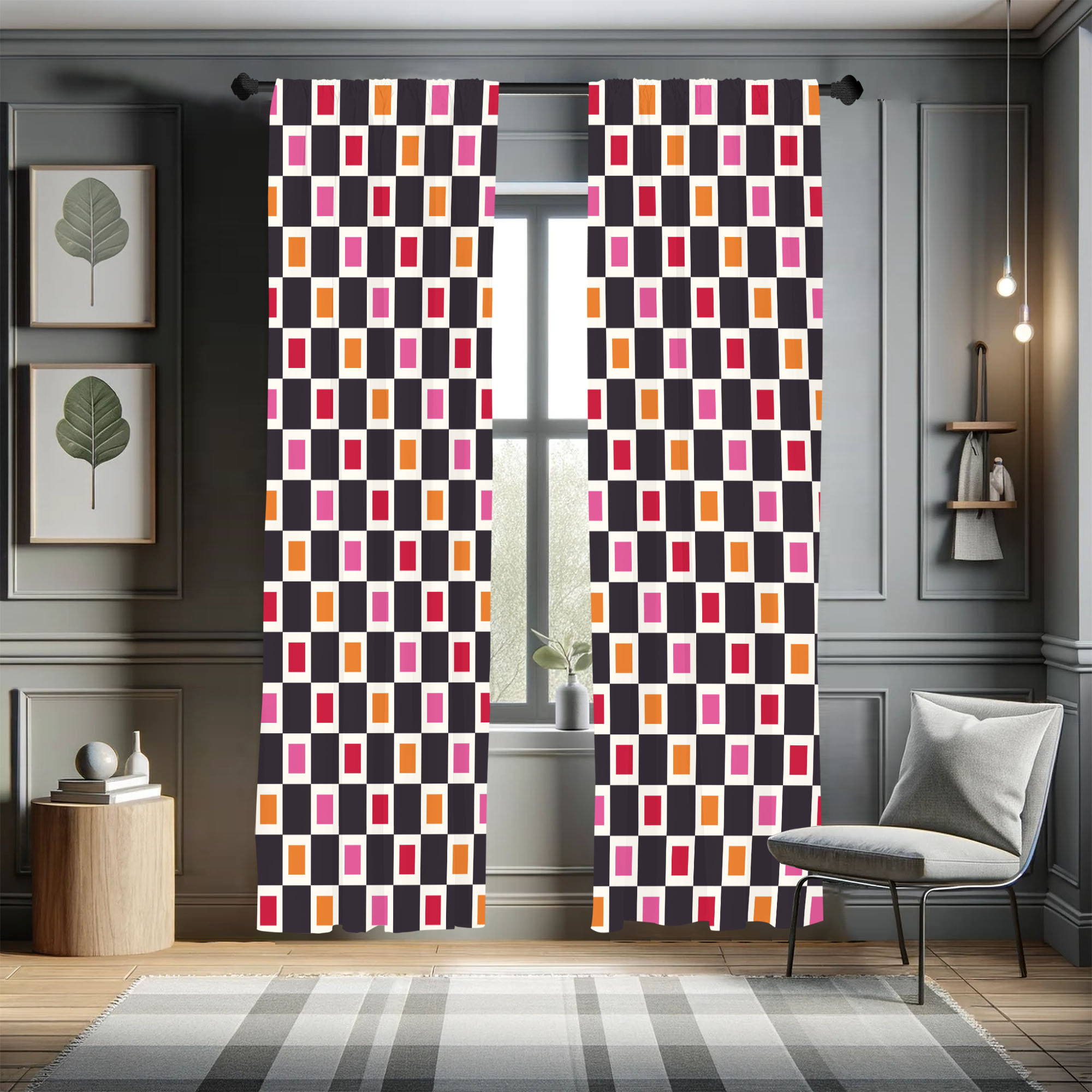 East Urban Home Geometric Curtains, Grid Vivid Squares | Wayfair