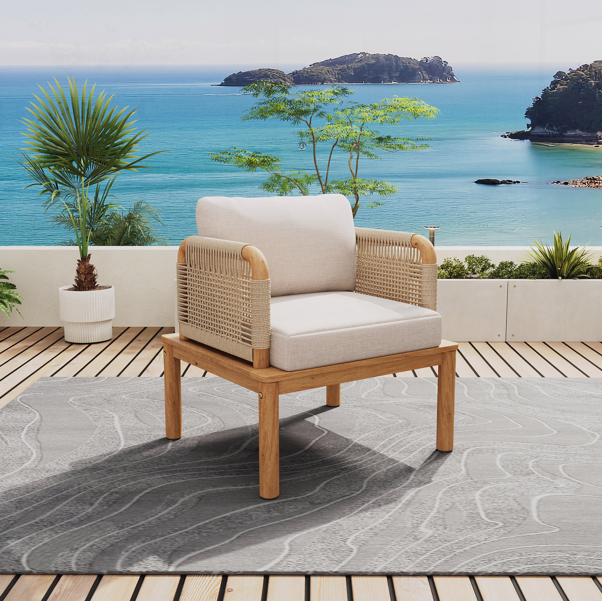 Bay Isle Home™ Outdoor Acacia Wood and Rope Club Chair with Cushions ...