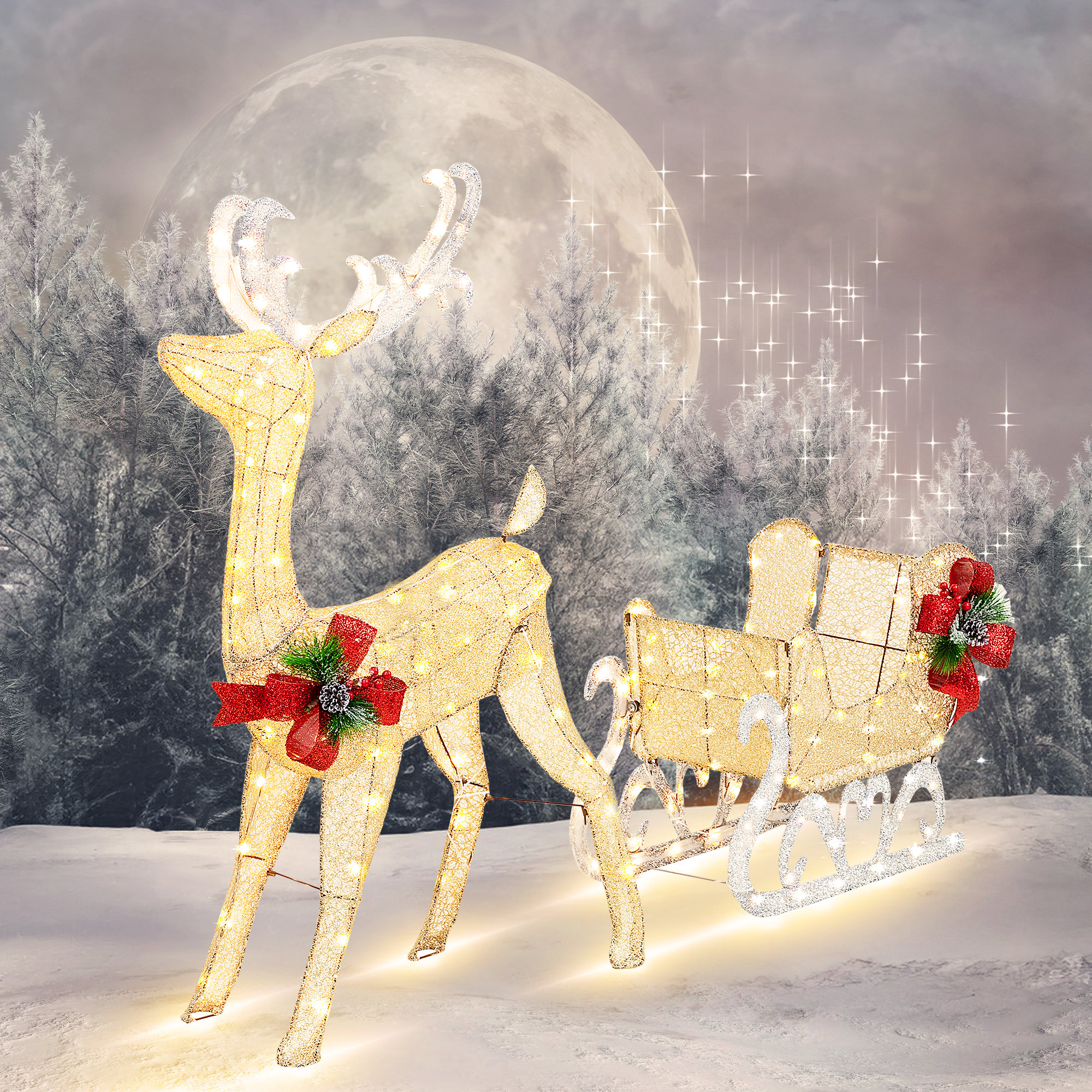The Holiday Aisle® Christmas Lighted Reindeer & Santa's Sleigh Lighted ...