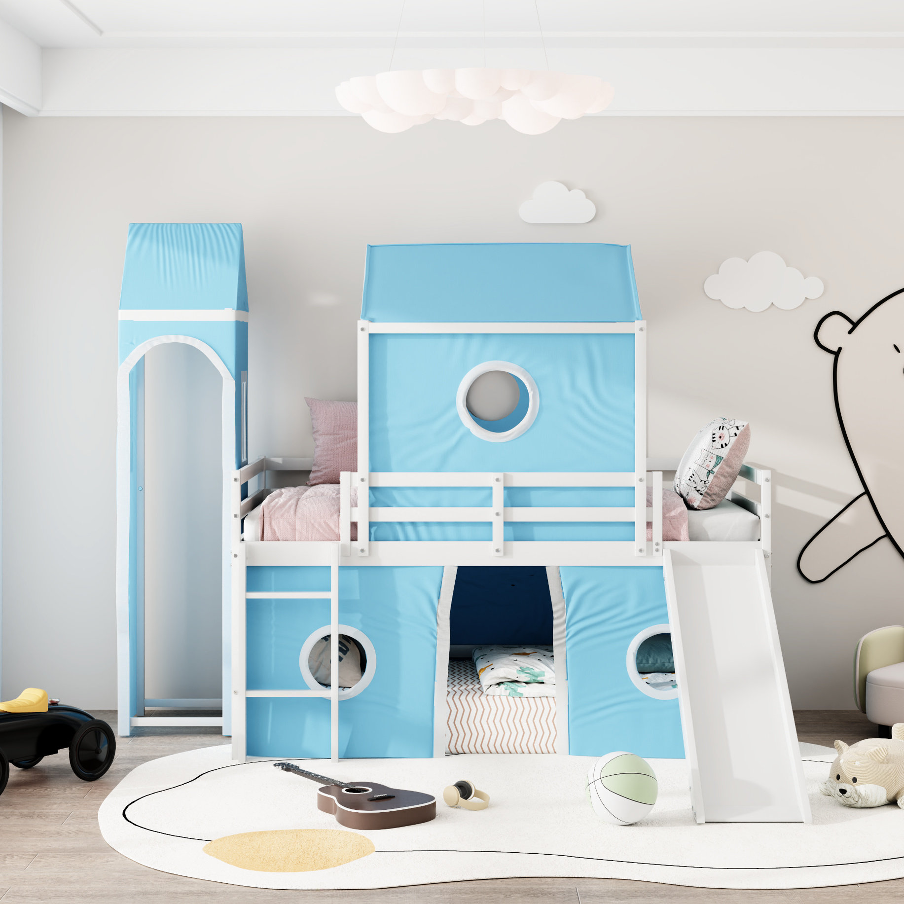 CaneCreations Twin Loft Bed In Blue With Slide, Tent, And Tower - Pine ...