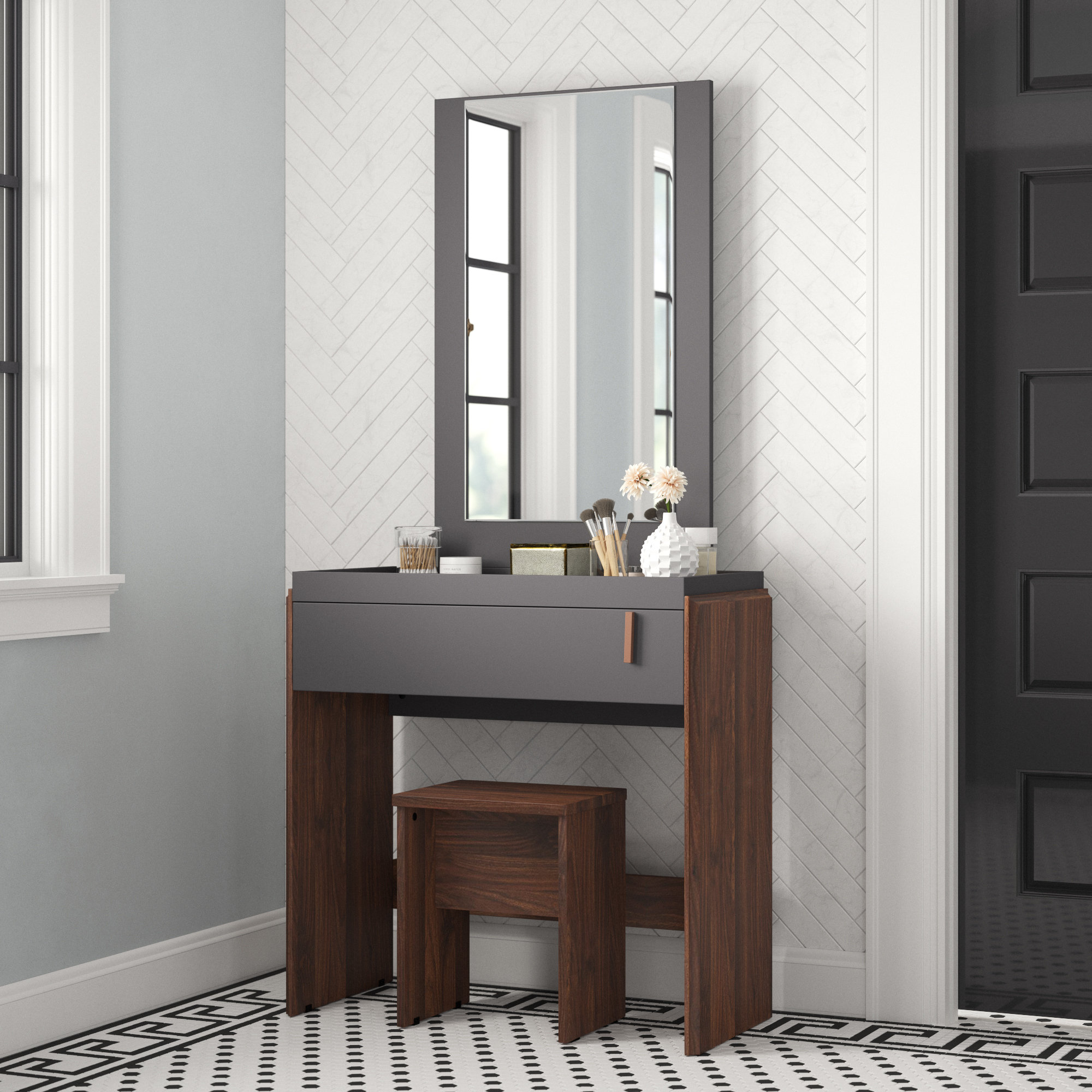Wrought Studio™ Askern Vanity Set with Stool and Mirror & Reviews | Wayfair