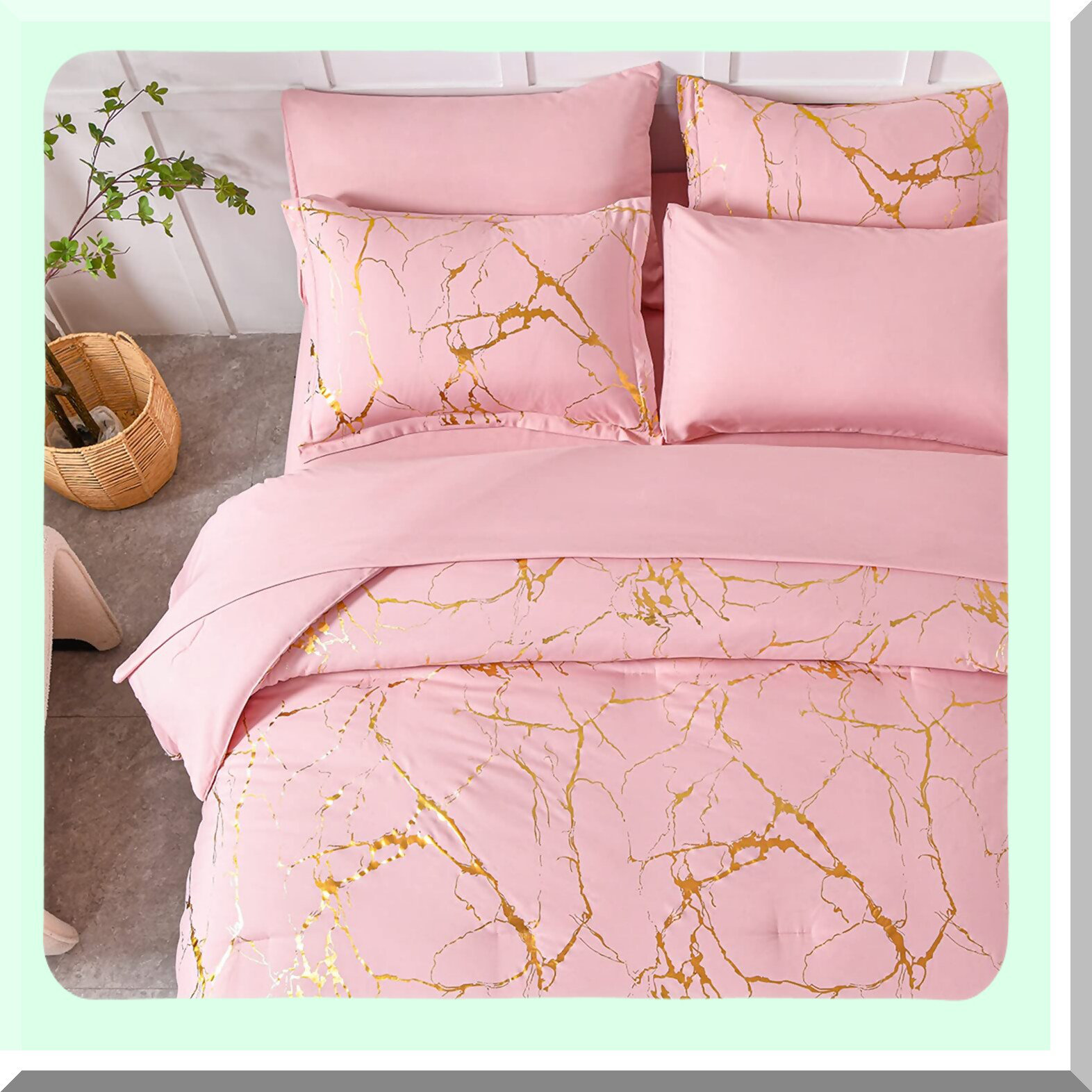 Everly Quinn Pink Glitter Marble Comforter Set - Queen Size 7 Piece Bed ...