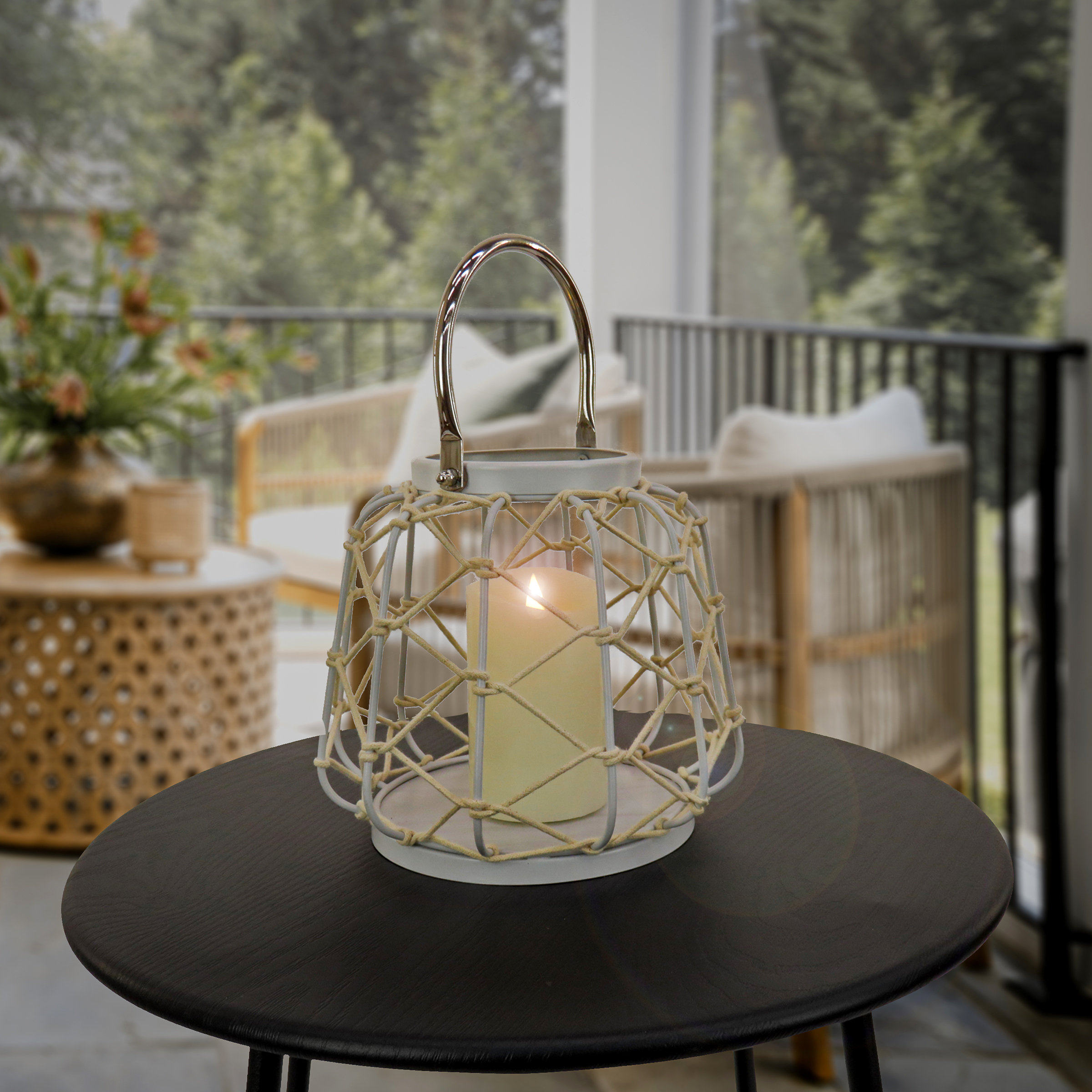 Beachcrest Home 10" Candle Lantern With Rope Weave, Glacier Gray | Wayfair