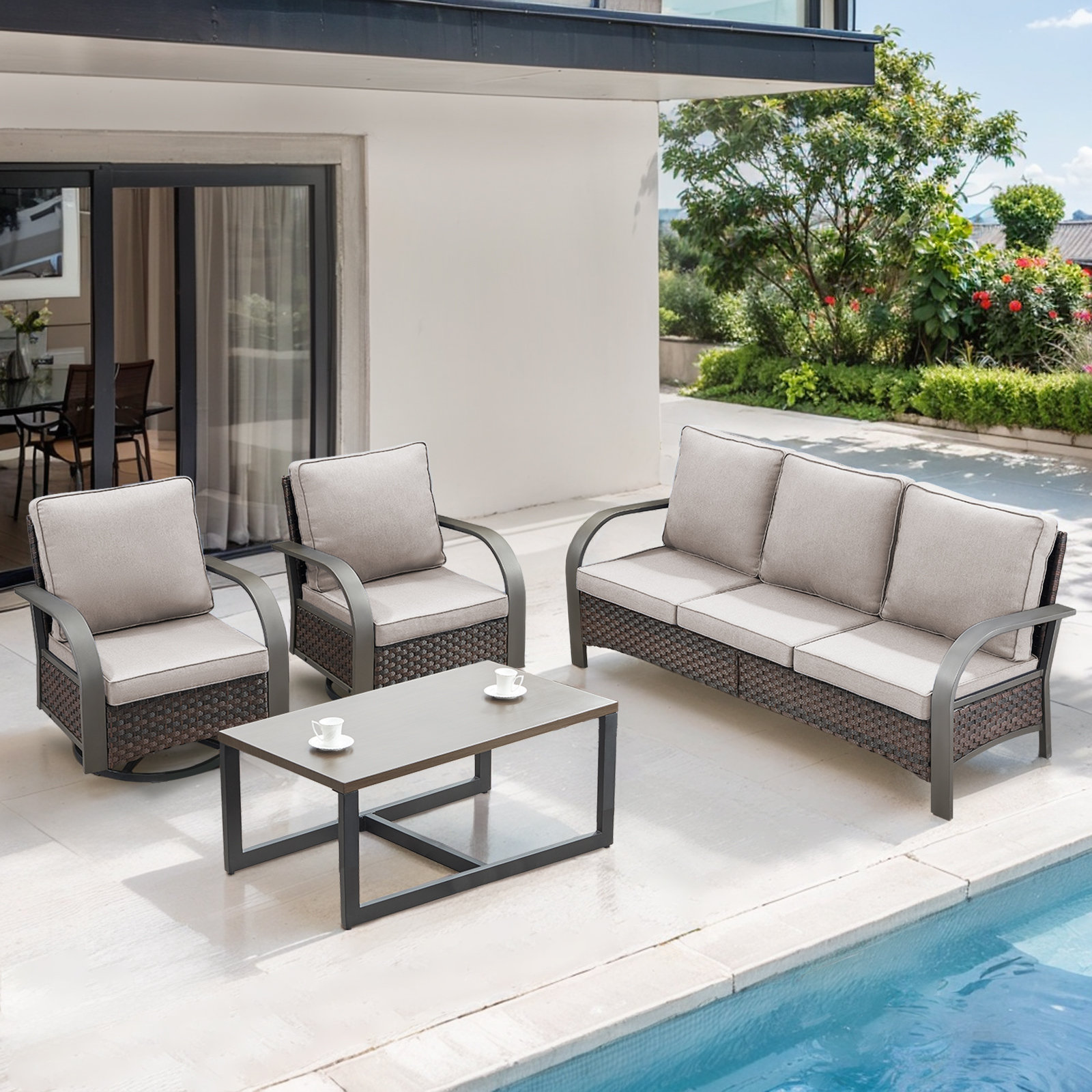 Latitude Run® Outdoor Courtyard Handmade Rattan Conversation Set With ...