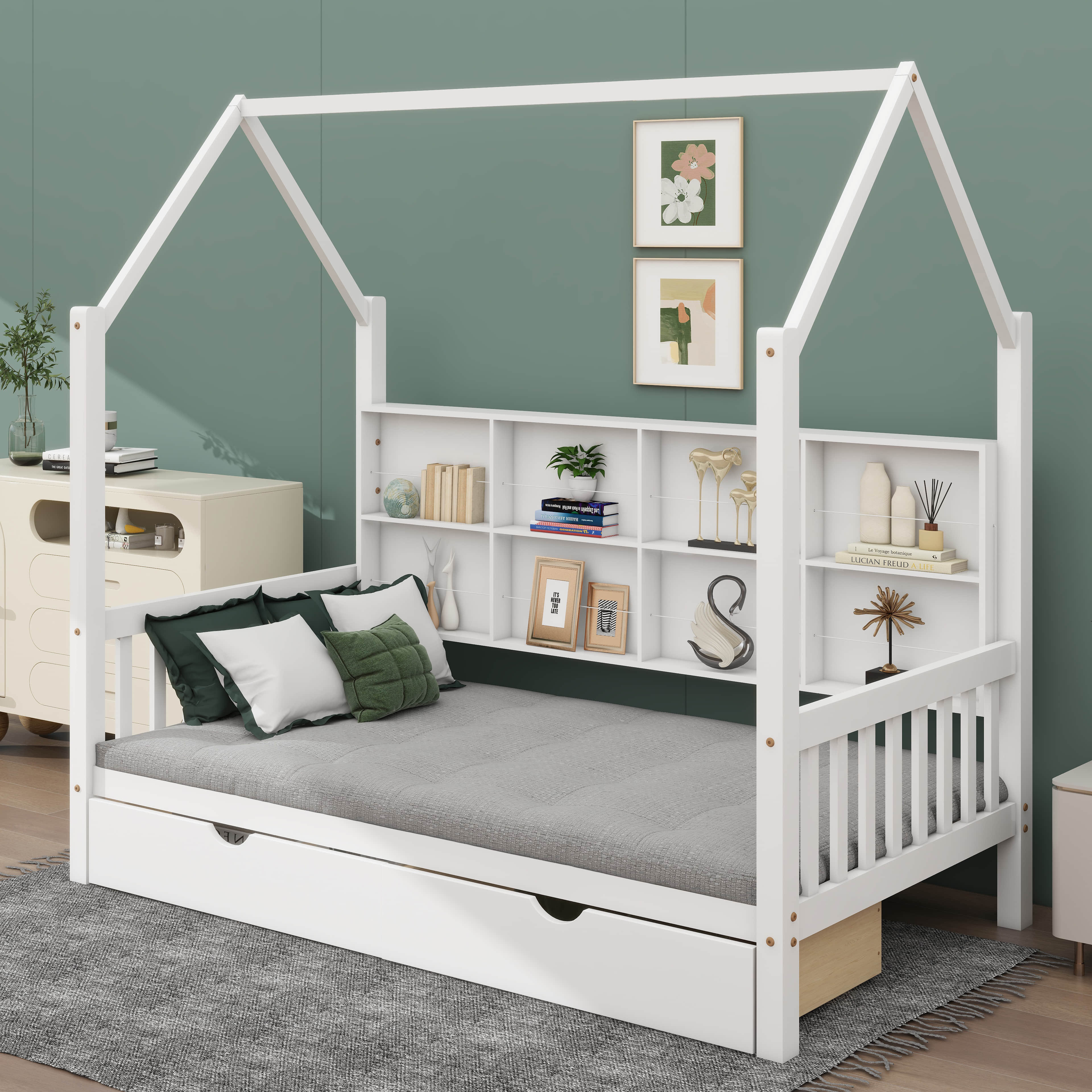 Harper Orchard Wooden Twin-Sized House Bed With Two Storage Drawers And ...