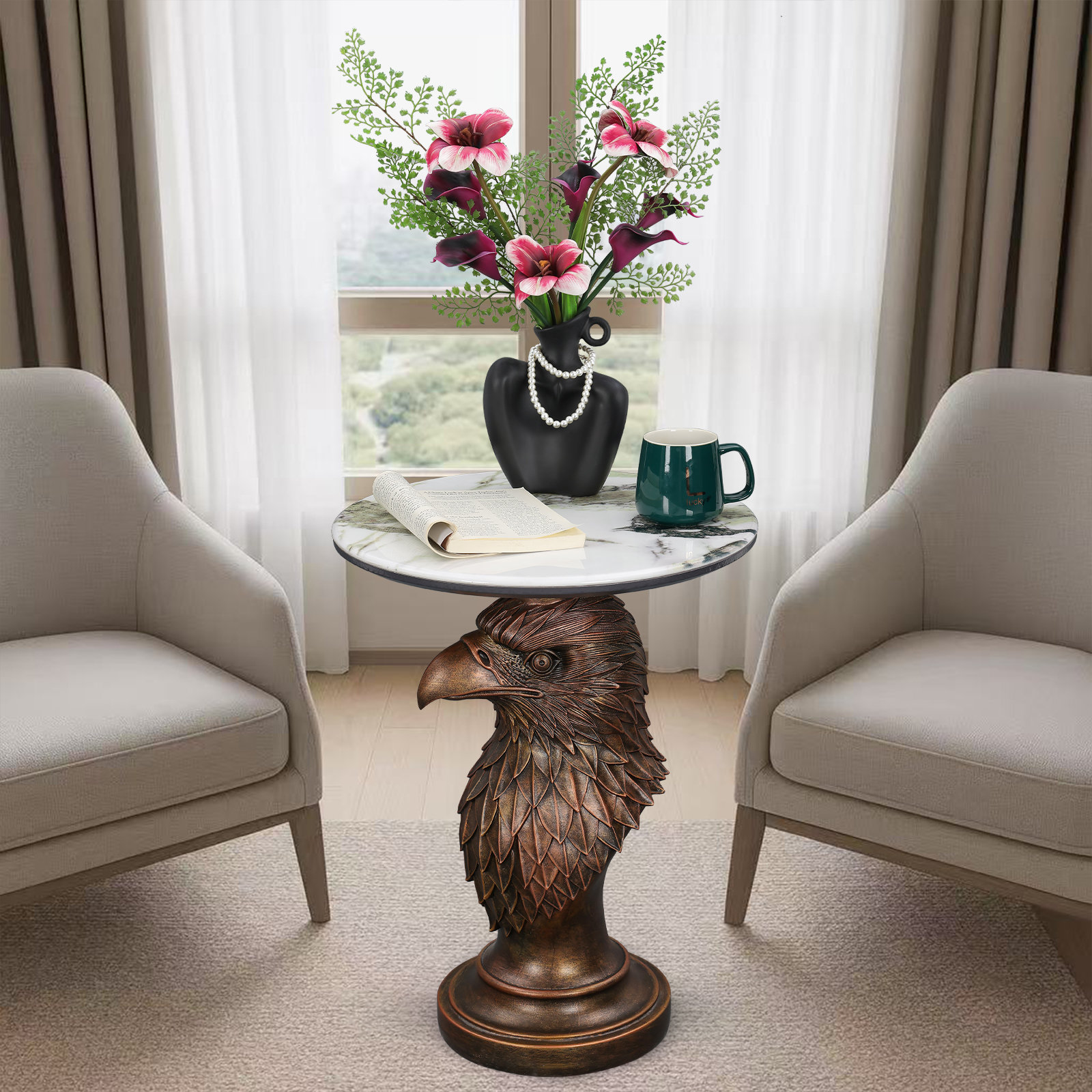 elesculor Contemporary Eagle Accent Side Table, Round End Table for ...