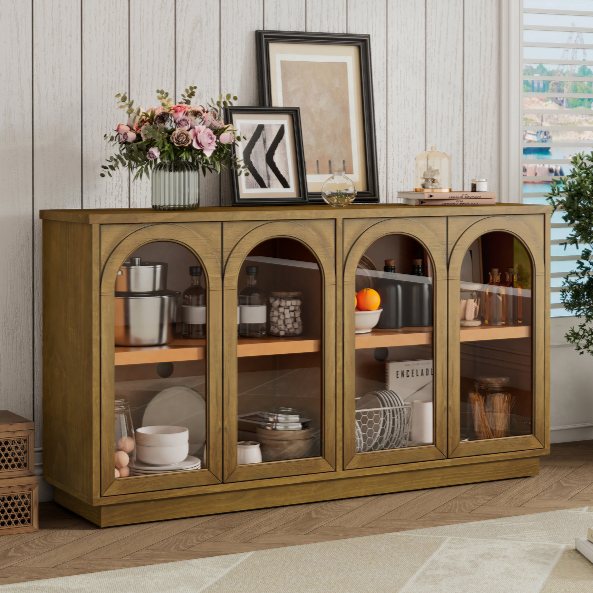 Latitude Run® 4-Door Large Storage Buffet Cabinet With Glass Doors, Arched Cabinet With ...