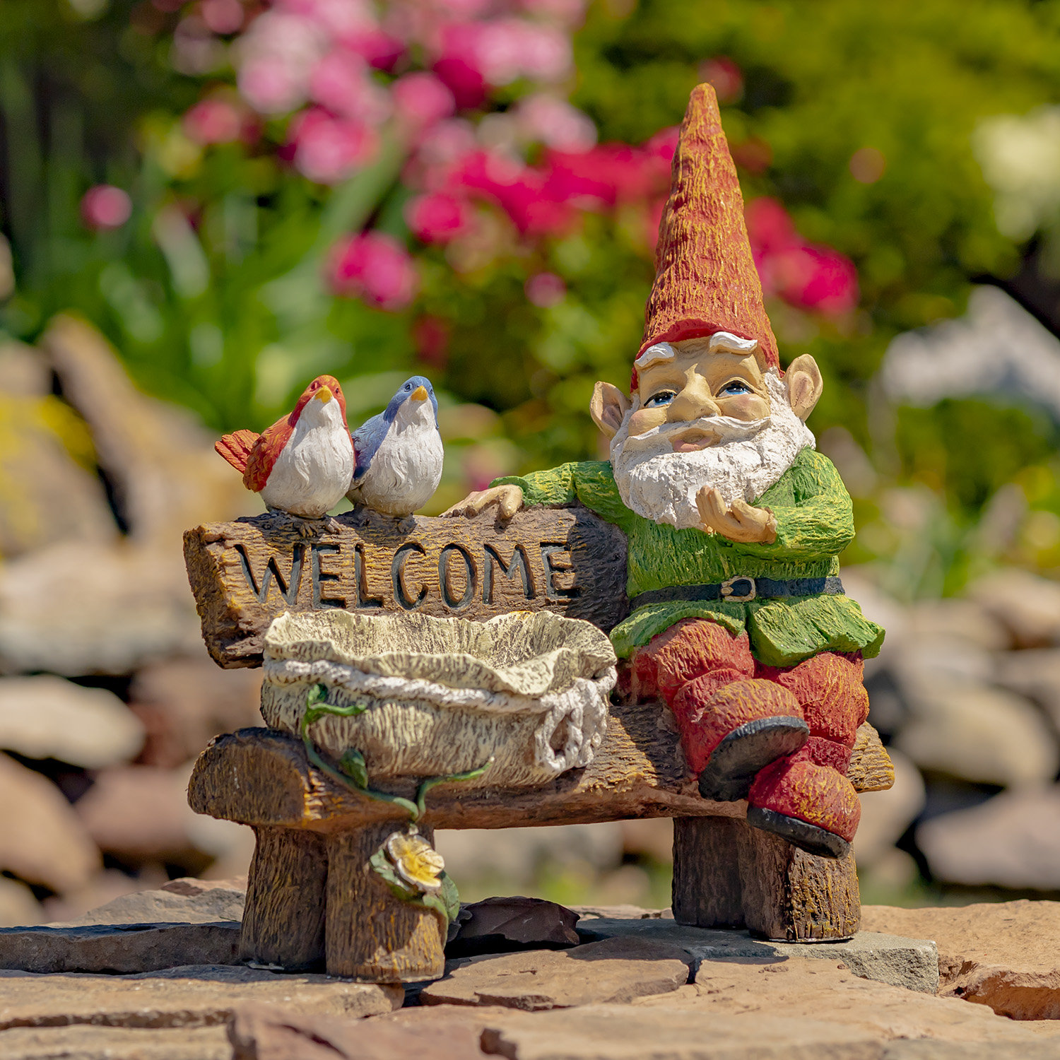 Trinx 15.35" Tall Spring Gnome Garden Statue with Welcome Sign, Birds ...
