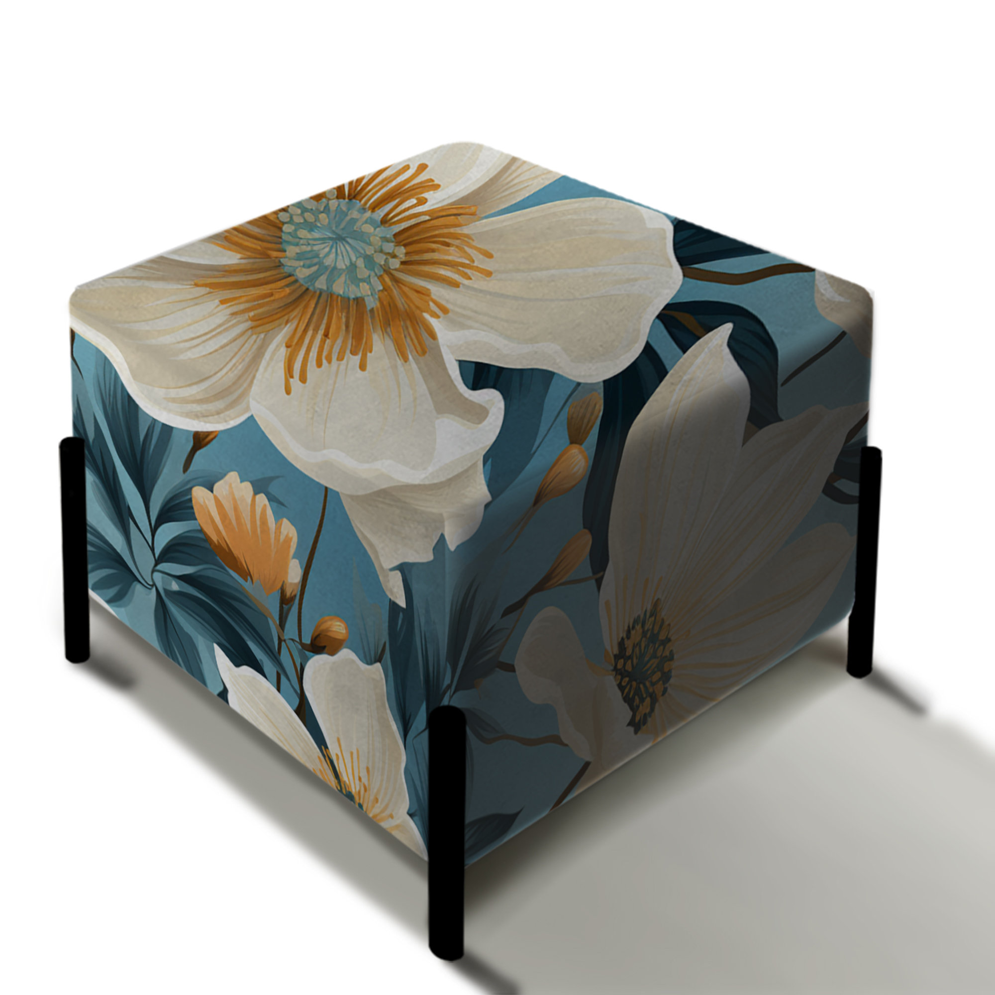 Design Art Blue Coastal Blossoms Floral Pattern - Floral Square Ottoman ...