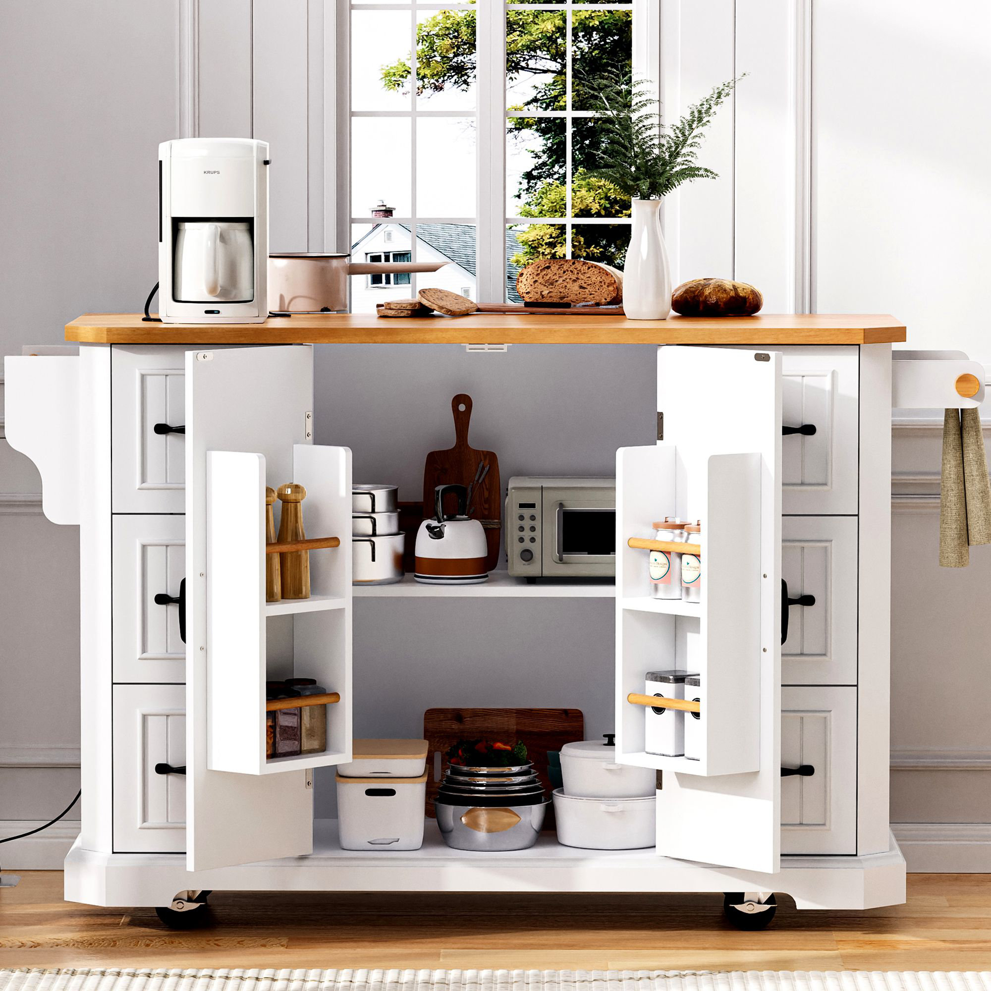 Ophelia & Co. 56'' L Modern Rolling Kitchen Island With Drop Leaf Countertop, Rolling Kitchen ...