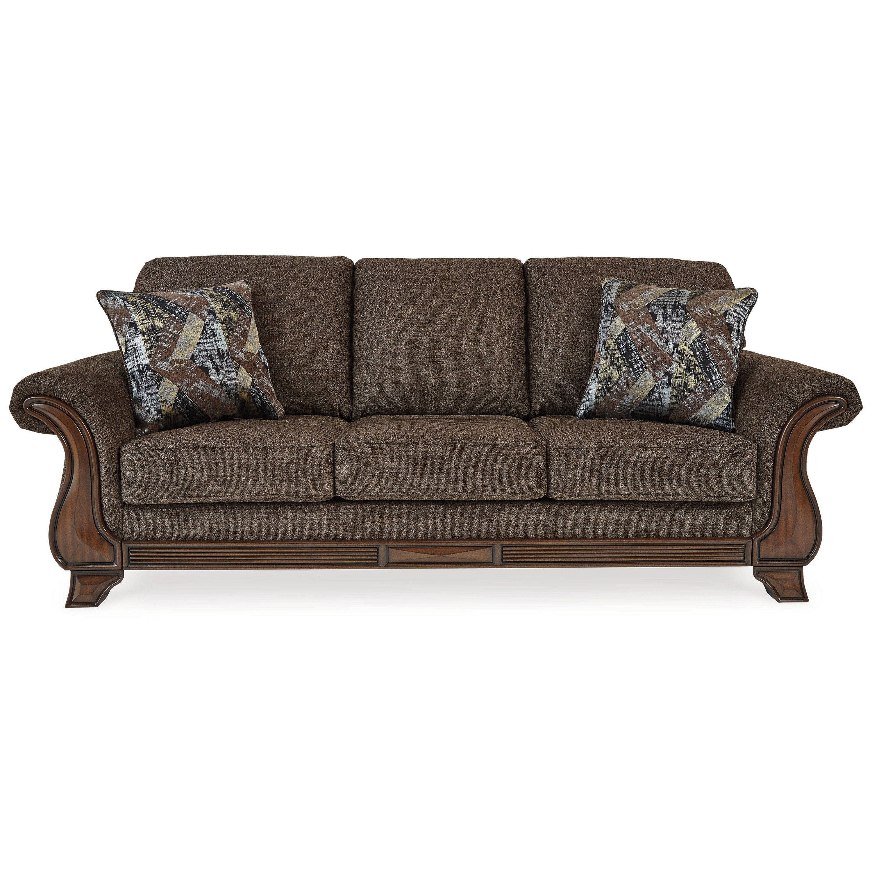 Benjara Conner Sofa, Brown Polyester, Exposed Wood Accents, 2 Pillows ...