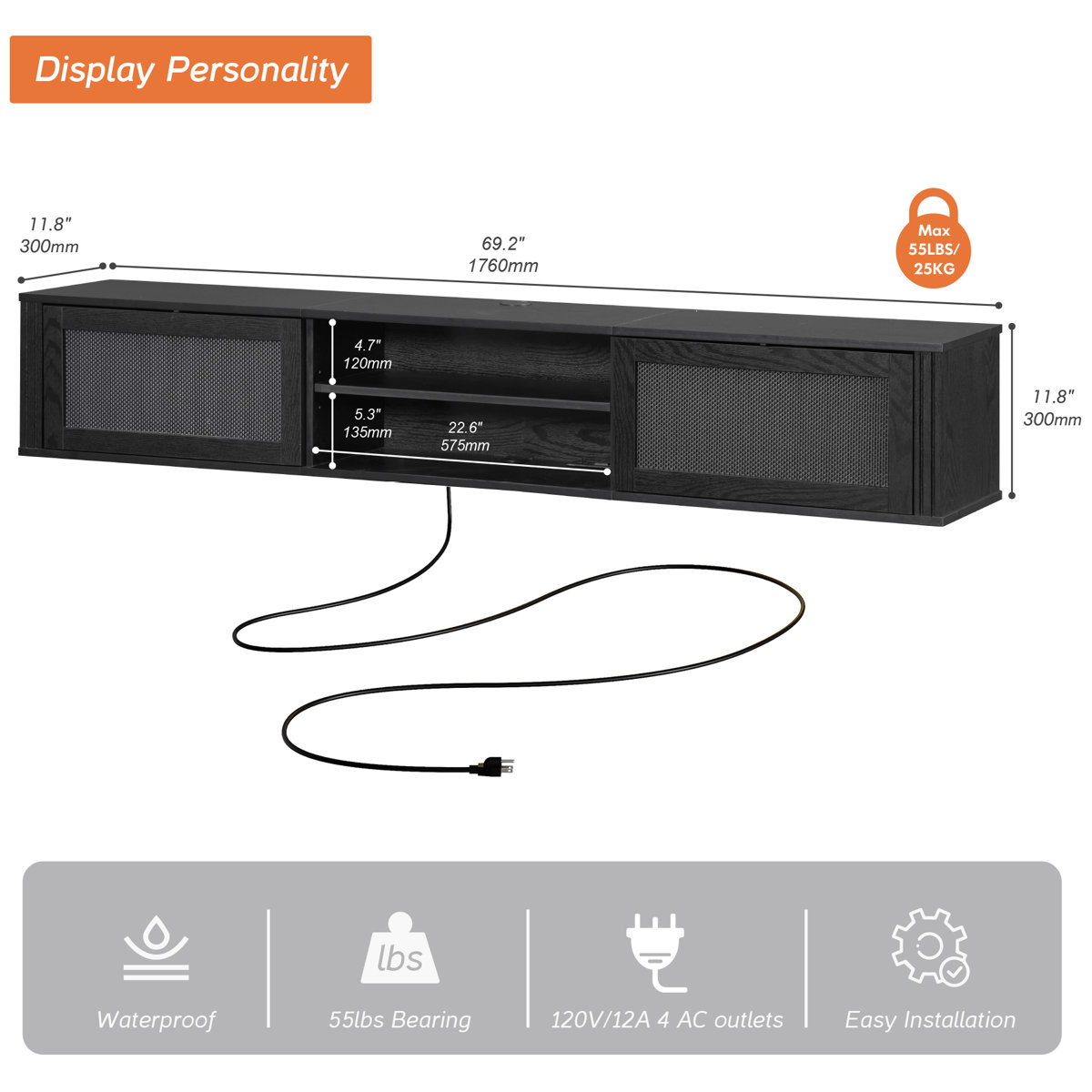 Ebern Designs Modern Black Floating TV Stand up to 90" TV Wall Mount ...