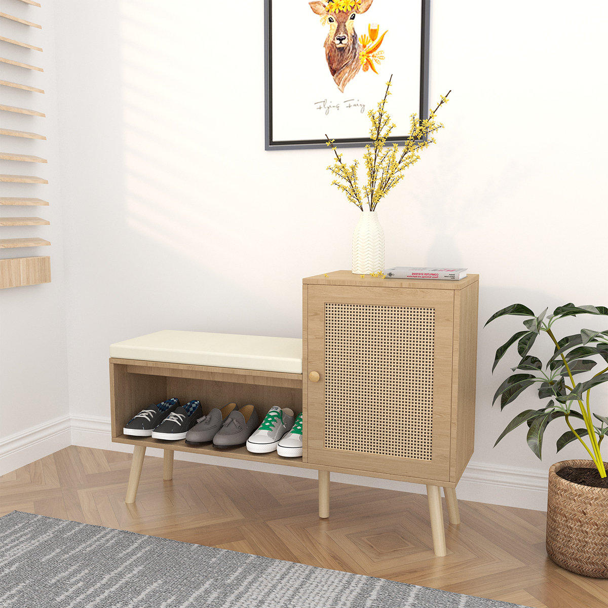 Dakota Fields 2-In-1 Shoe Storage Bench, Natural Rattan Shoe Cabinet ...