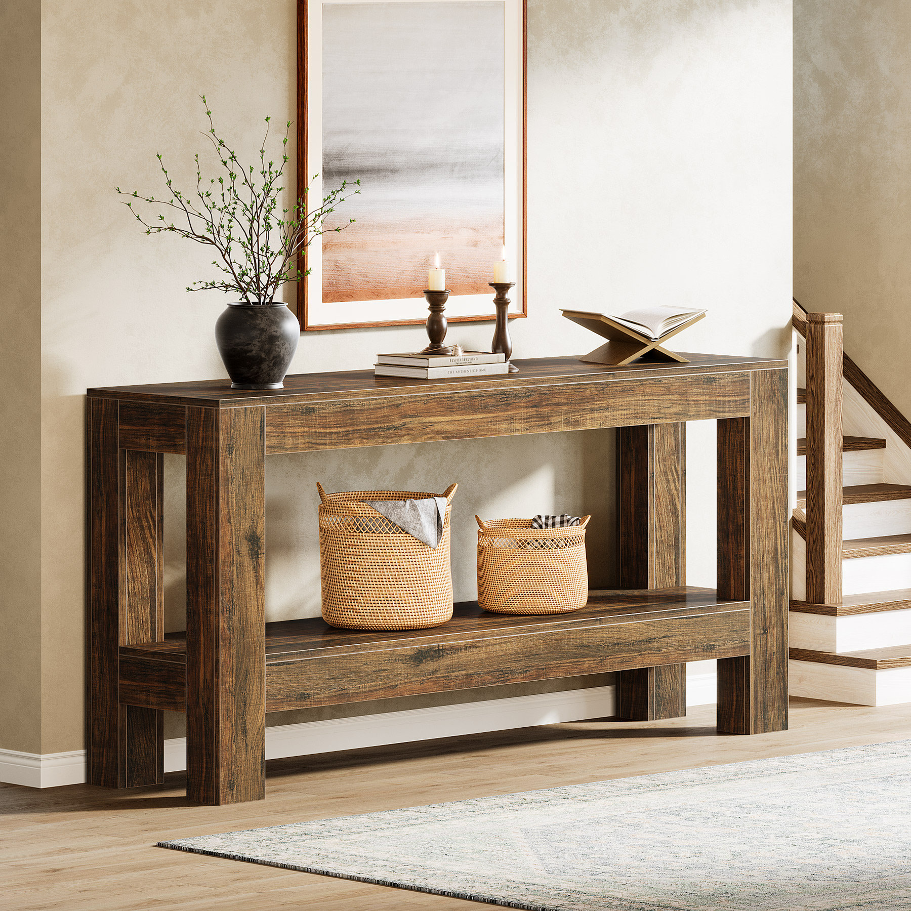 Millwood Pines 62.99" Long Wood Console Table, Farmhouse 2-Tier ...