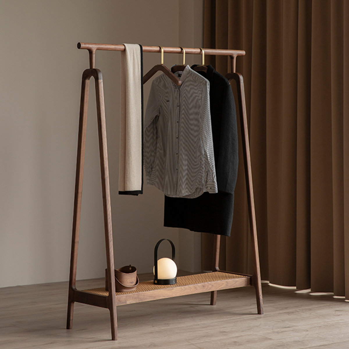 Brass Foam Minimalism Walnut Solid Wood Faux Rattan Clothes Rack | Wayfair