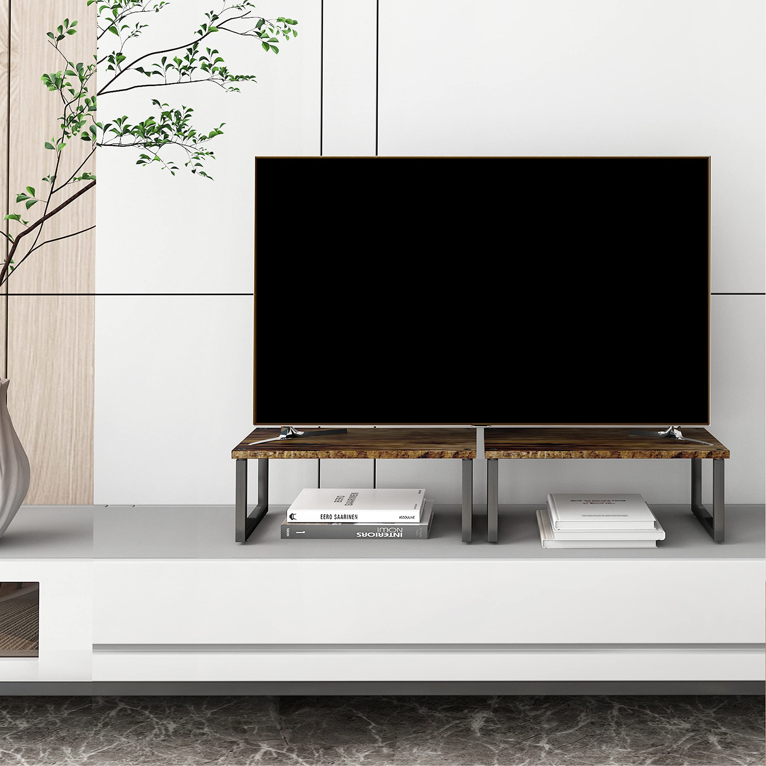 George Oliver 2-Pack Monitor Stand Riser, Wooden Desk Organizer, Brown ...