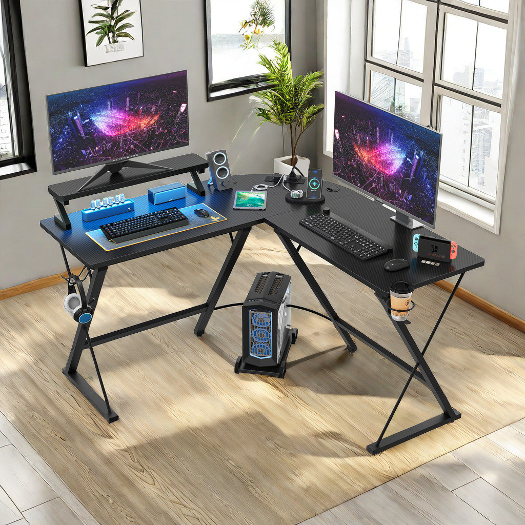 Inbox Zero Barwicks 130cm W L Shaped Computer Desk LED Gaming Desk with Monitor Stand Power Outlet and Cup Holder Wayfair