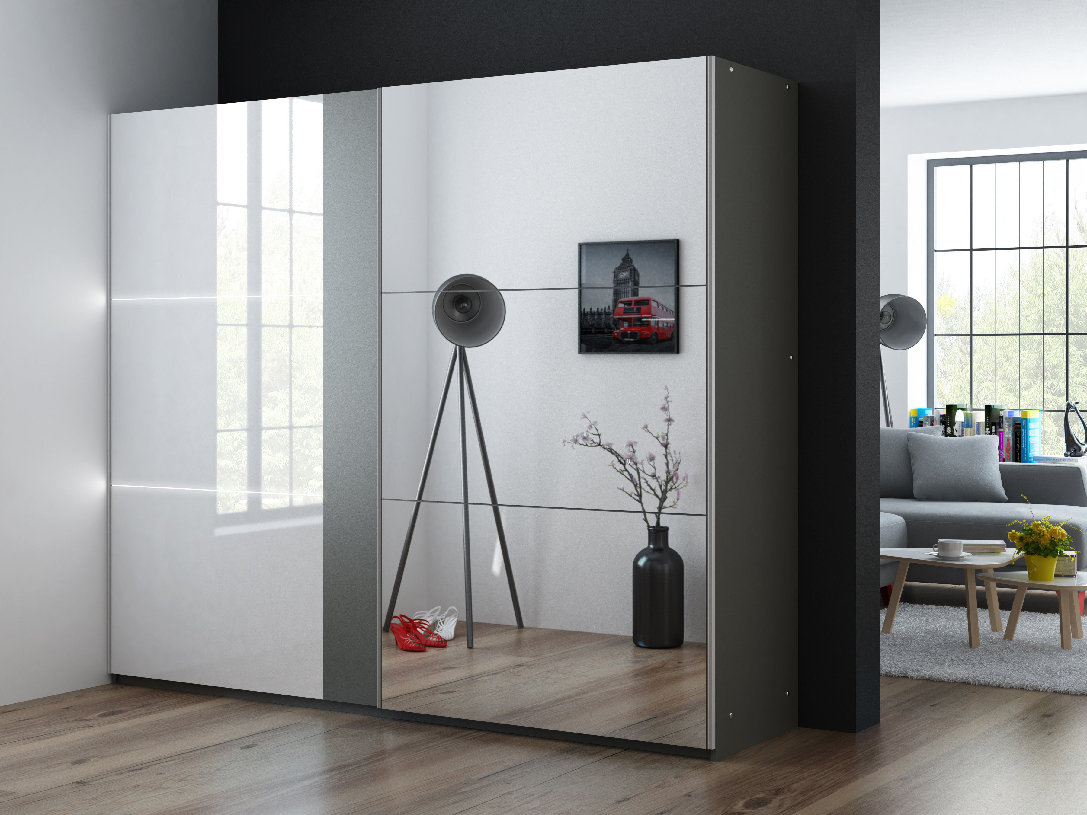 Ivy Bronx Modern Graphite & Mirror Sliding Door Wardrobe 250cm ...