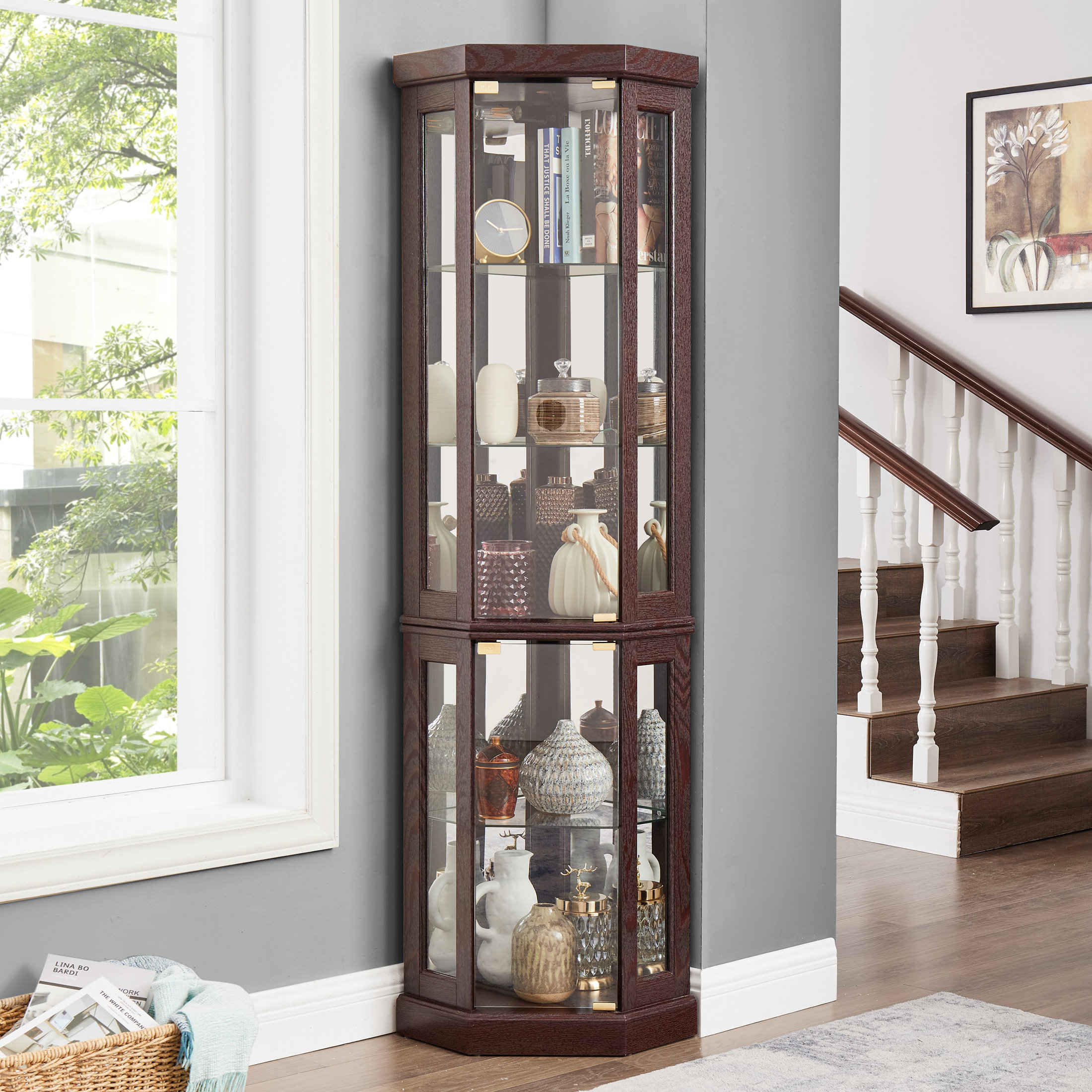 Winston Porter Lighted Dark Cherry Corner Curio Cabinet - Display Case ...