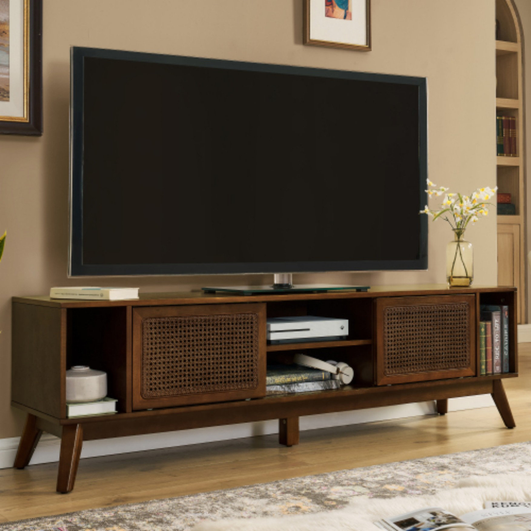 Dakota Fields Modern-style rattan TV cabinet with solid wood base and ...