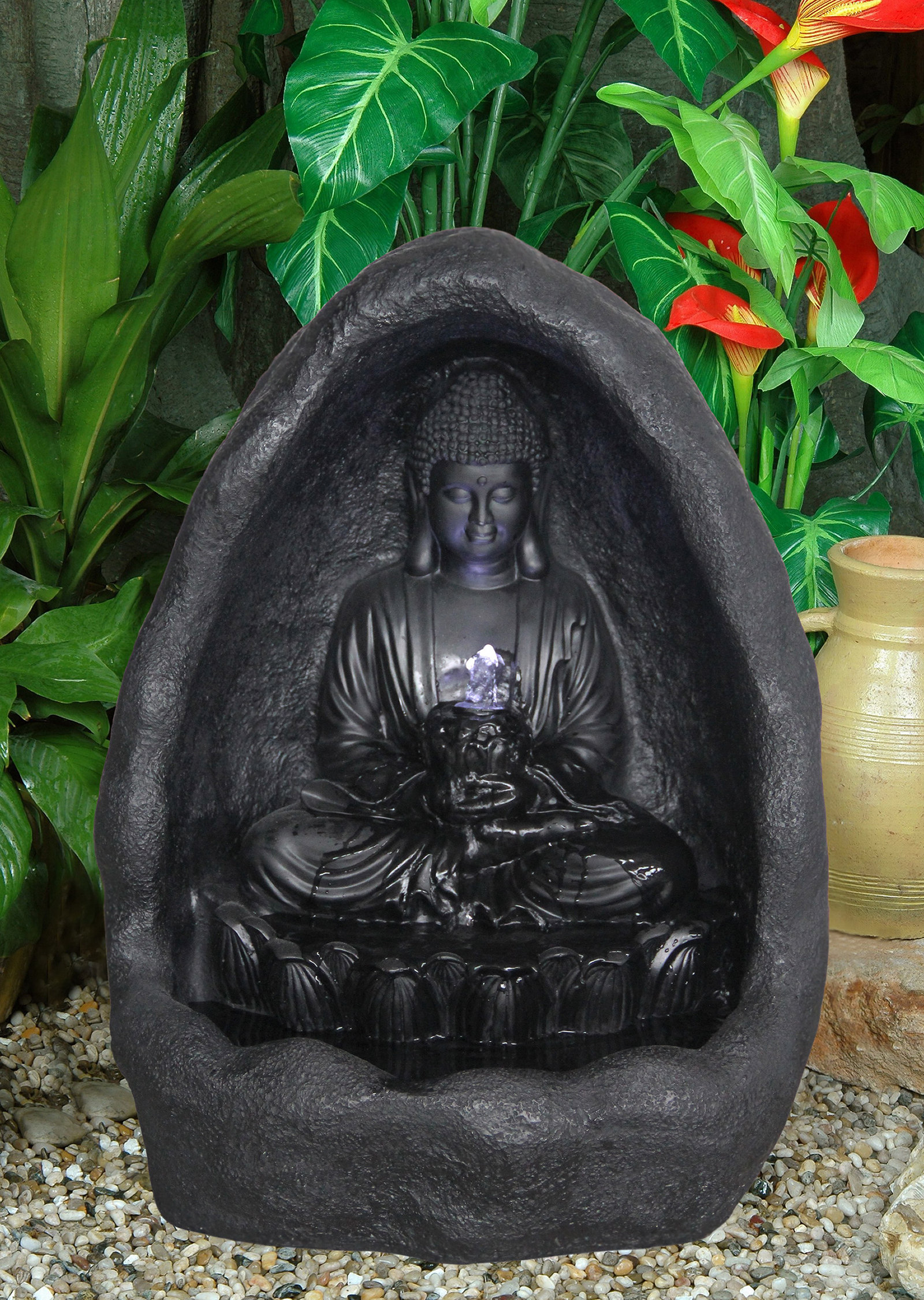 Hi-Line Gift Ltd. Fountain-Buddha Sitting In Grotto with LED Light ...