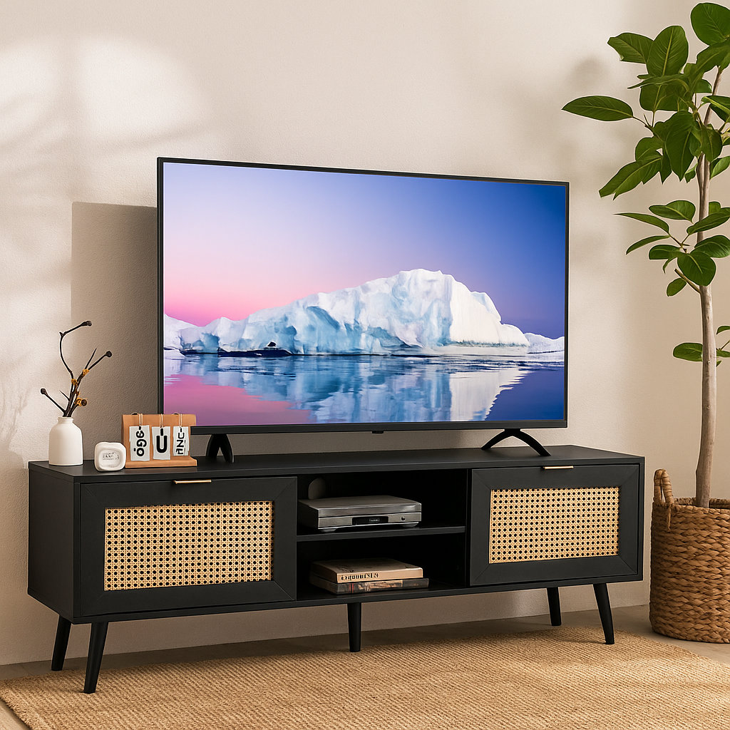 17 Stories Aker Black Rattan TV Stand Cabinet with Two Cupboards and ...