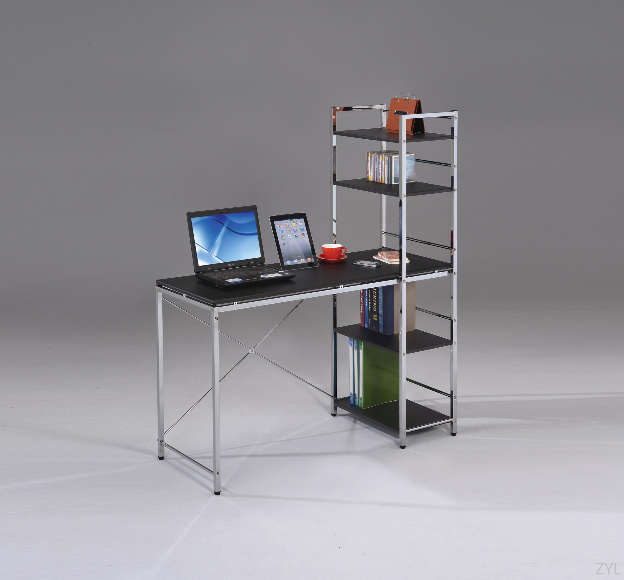 Ivy Bronx Black & Chrome Finish Writing Desk W/Shelves | Wayfair