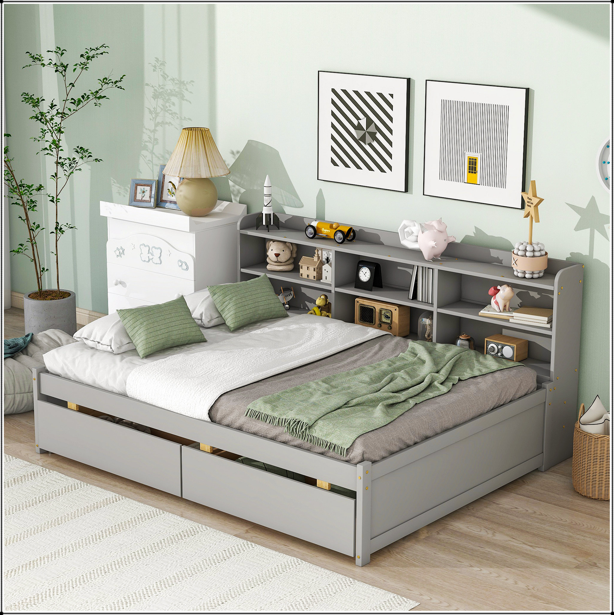 Winston Porter Bed with Side Bookcase, Drawers Light and elegant: the ...
