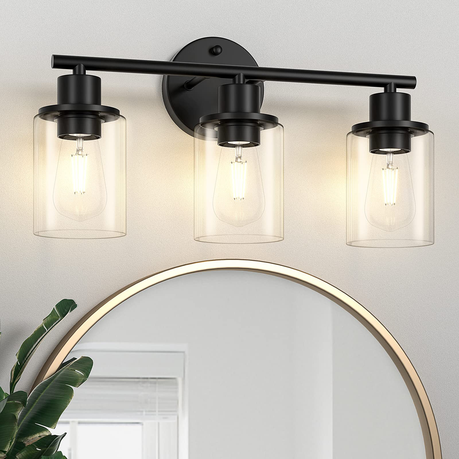 Latitude Run® 3-Light Bathroom Wall Light Fixtures, Black Vanity Light With Clear Glass Shade ...