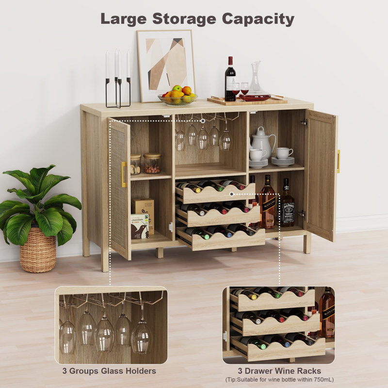 Bay Isle Home™ Rattan Wine Bar Cabinet with Glass Holder and Drawer ...