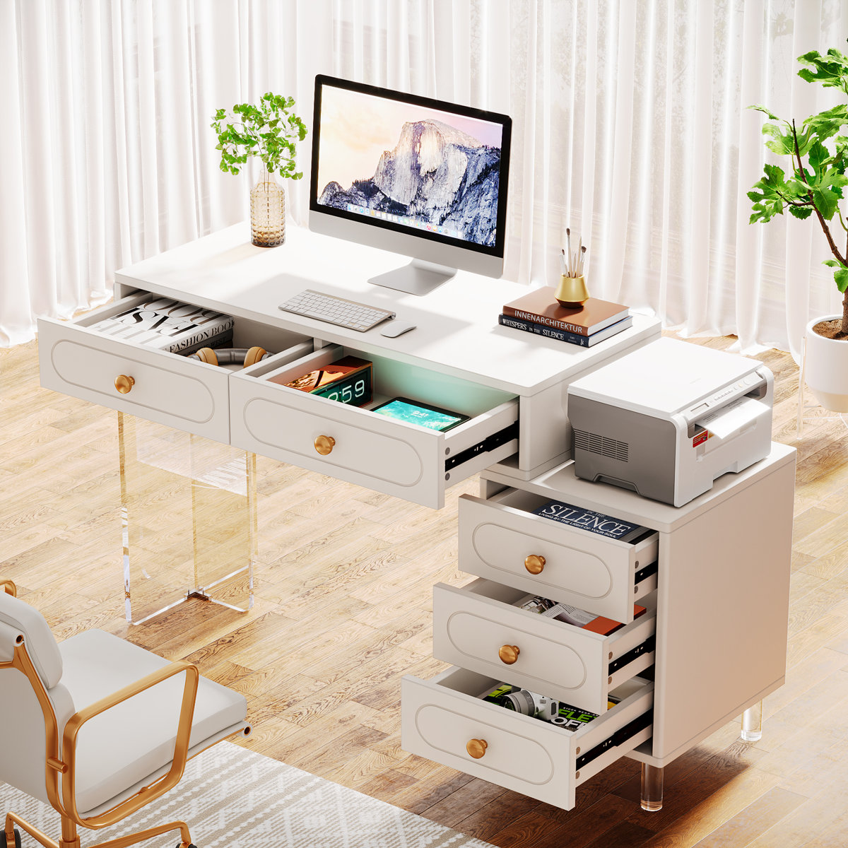 Wrought Studio™ Modern White Acrylic Computer Desk with 5 Drawers for ...