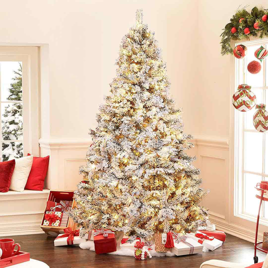 Stunver 7Ft Flocked Christmas Tree, Full Spruce Artificial Prelit Christmas Tree With Lights ...