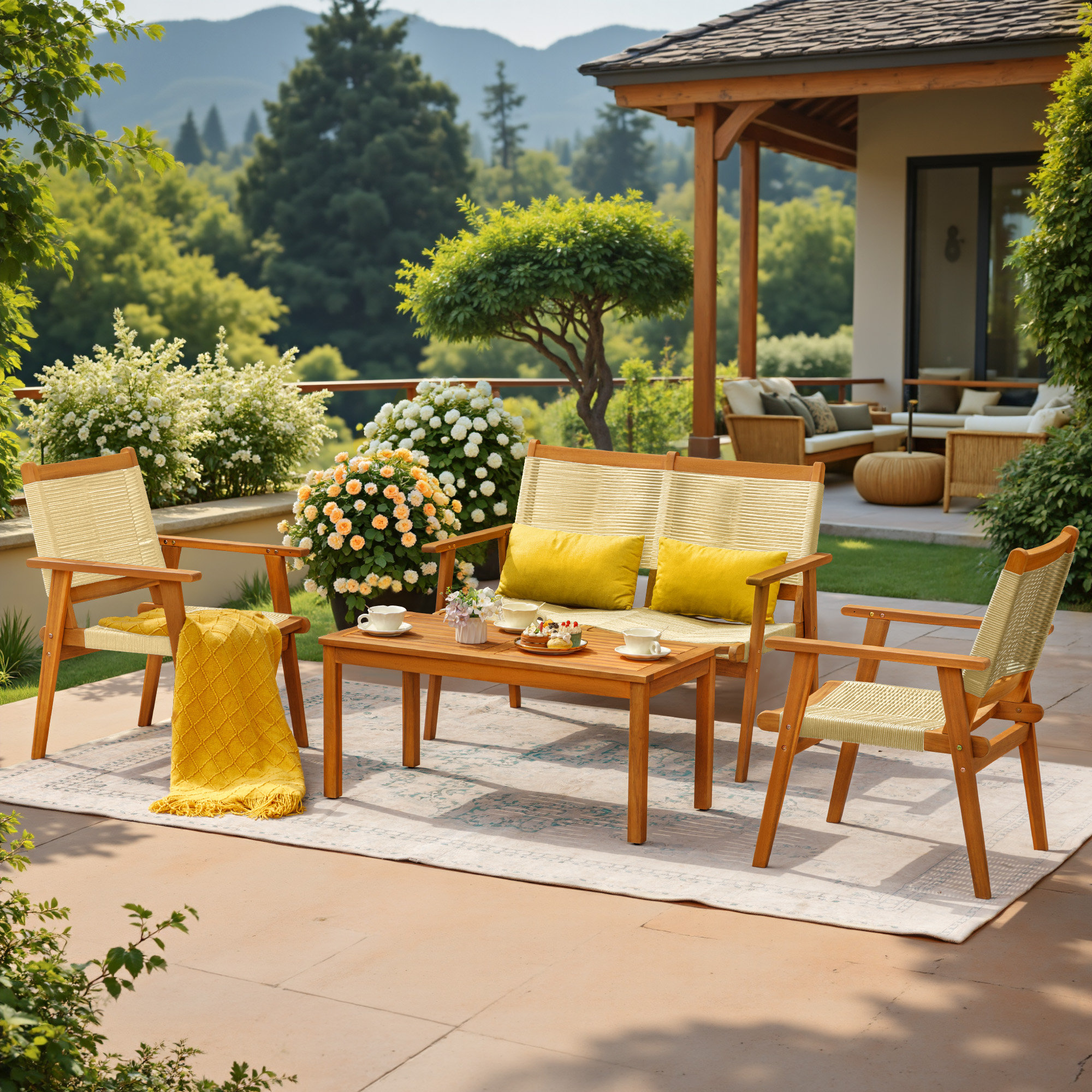 Ophelia & Co. 4 Piece Outdoor Seating Group with Rectangular Solid Wood ...