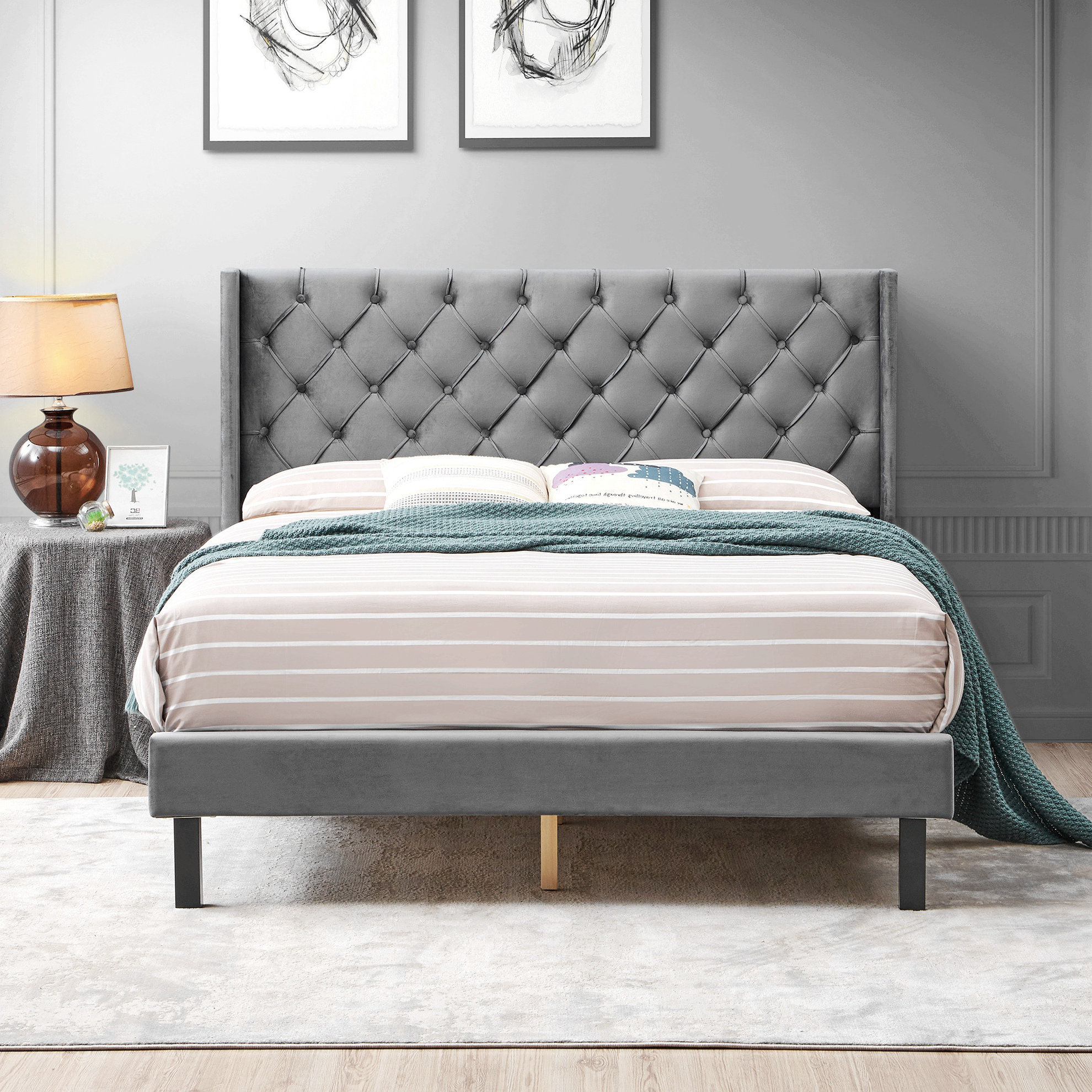 17 Stories Velvet Button Tufted-Upholstered Bed With Wings Design - Strong Wood Slat Support ...