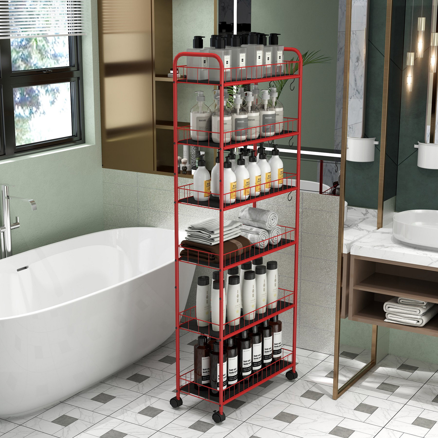Rebrilliant Red 6 Tier Slim Rolling Storage Cart, Mobile Shelving Unit ...