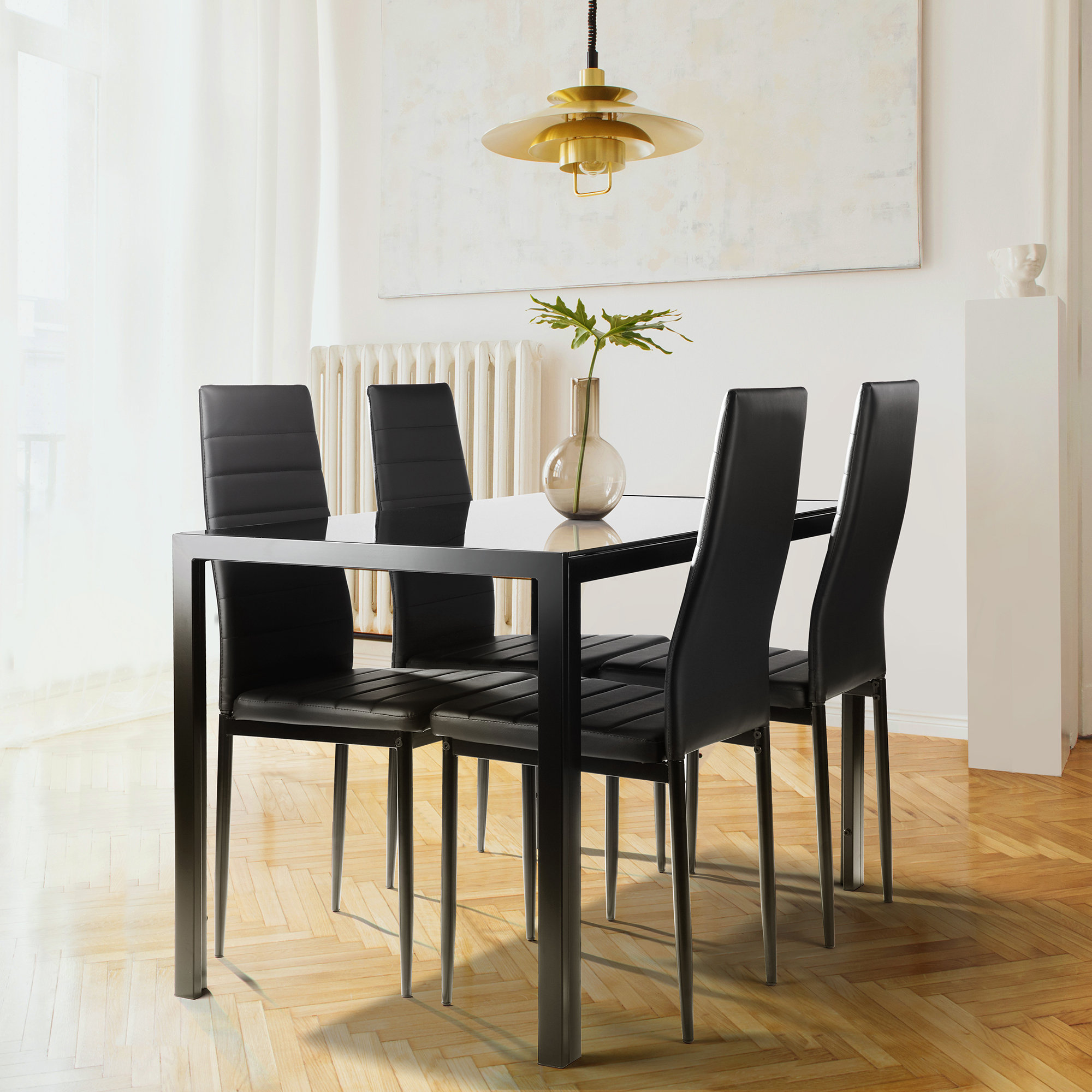 Latitude Run® Modern Black Glass Dining Table Set With Faux Leather ...