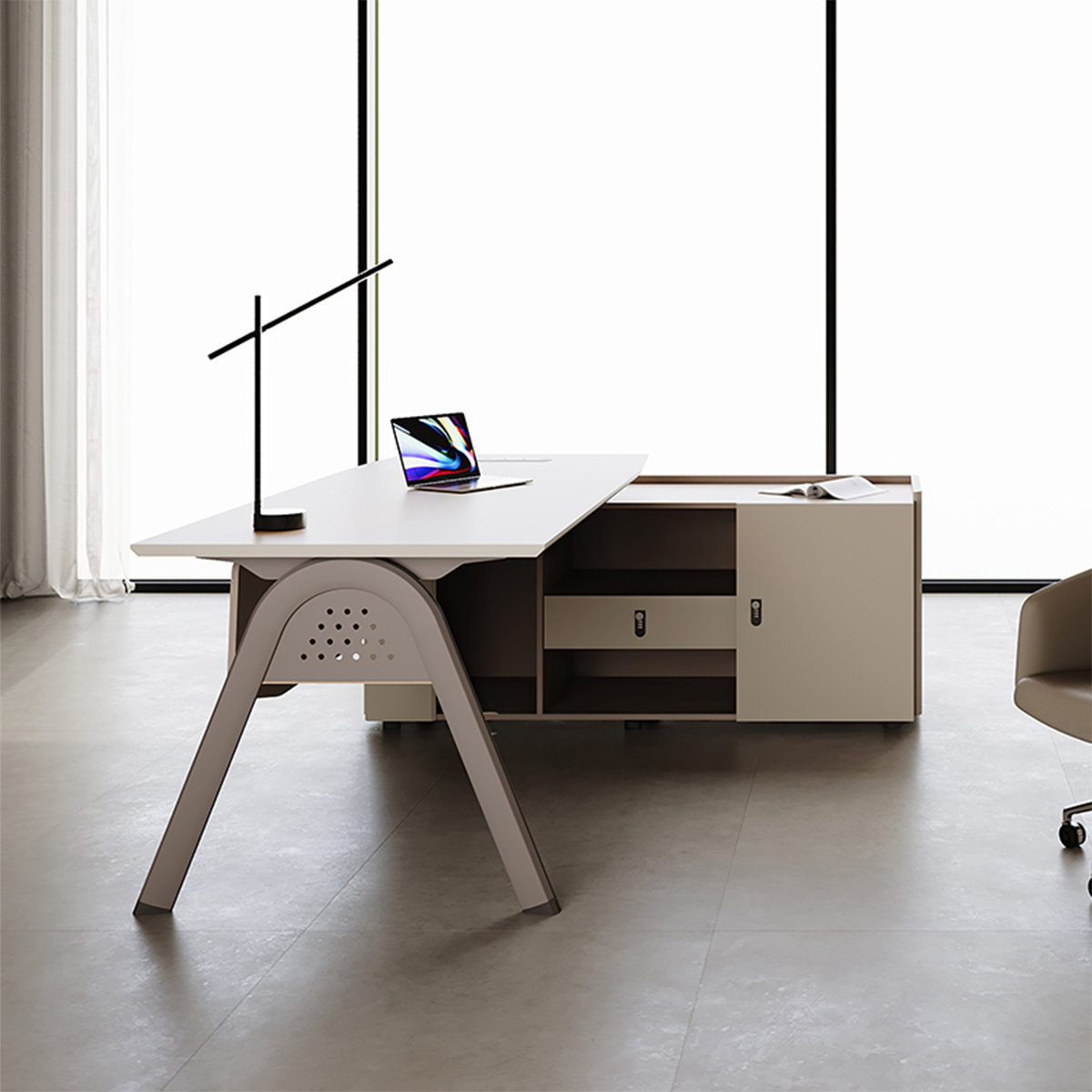 Hokku Designs Modern Luxury Cream-White Boss Office Desk with Side ...