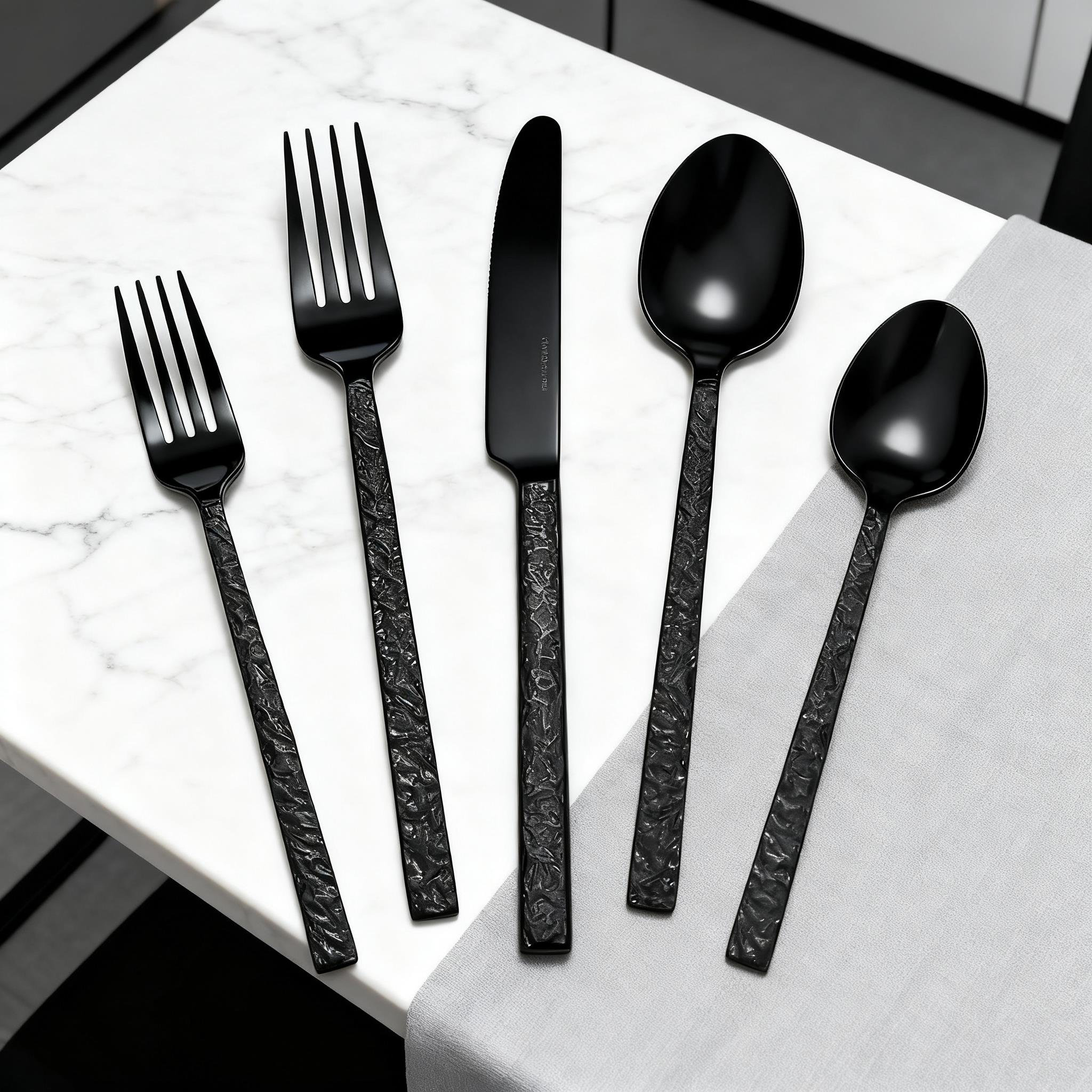 Orren Ellis 30-Piece Black Hammered Flatware Set For 6, 18/10 Stainless Steel Heavy Duty ...