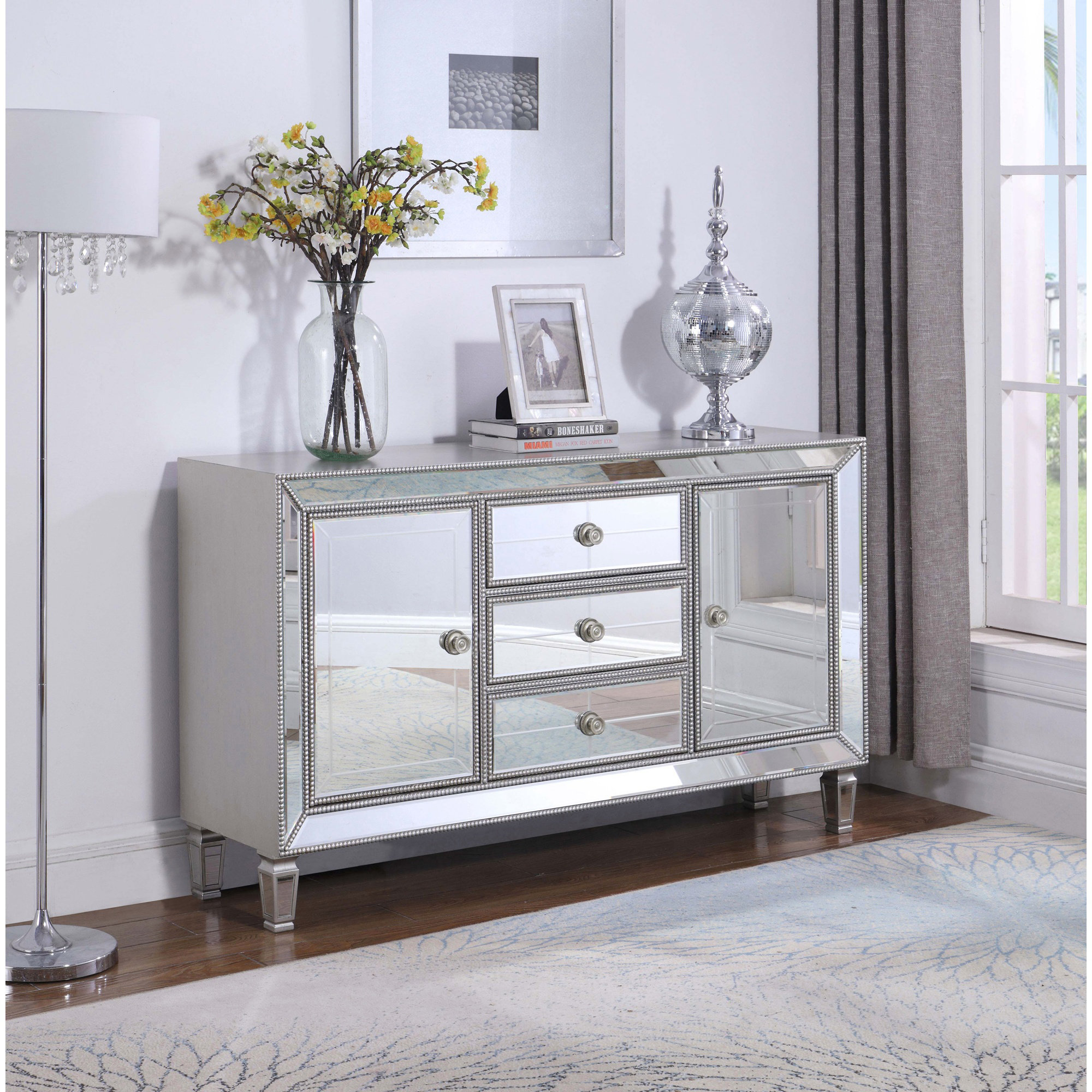 Rosdorf Park Gabrielle Silver 3-Drawer Mirrored Storage Accent Cabinet ...