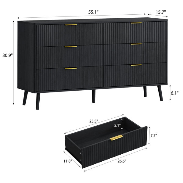 George Oliver Fluted 6-Drawer Double Dresser For Bedroom, 55.1" Modern ...