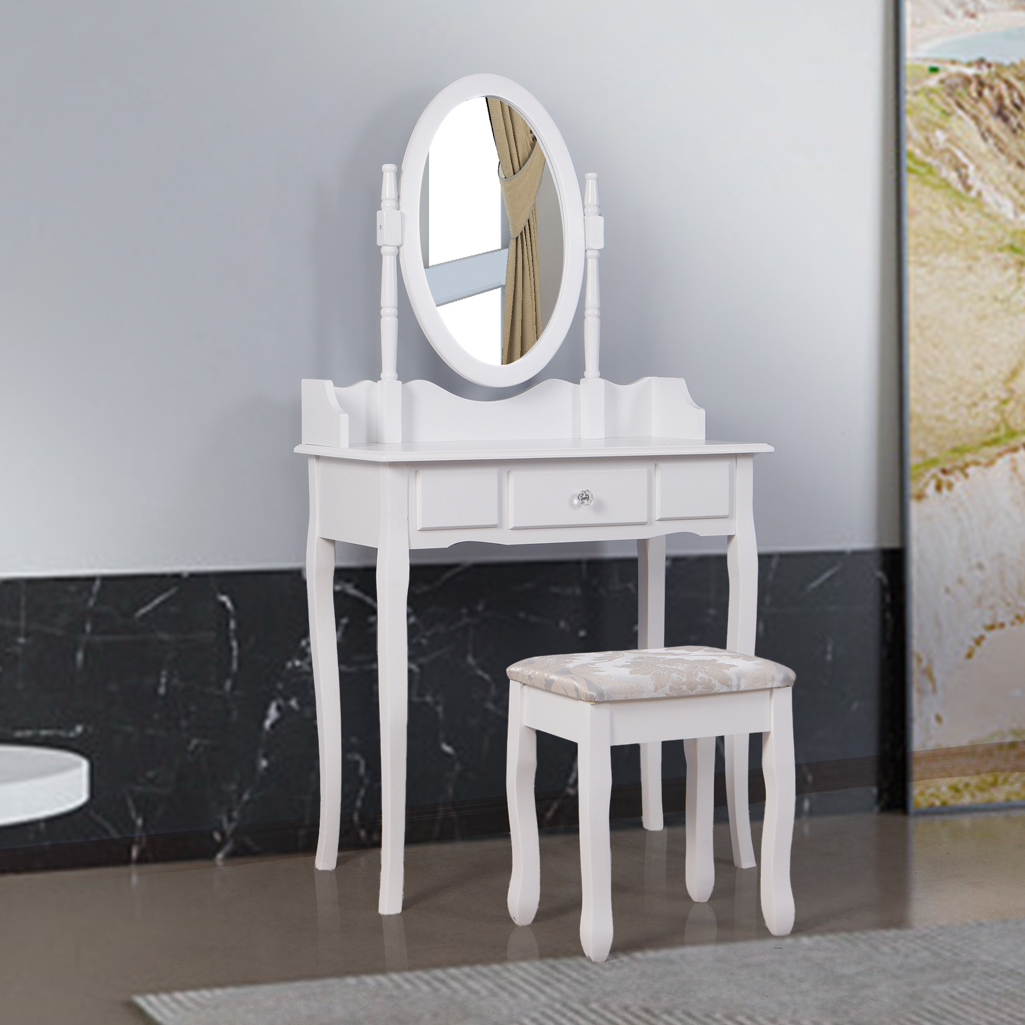 House of Hampton Furniture Solid Wood Makeup Vanity Table With Oval ...