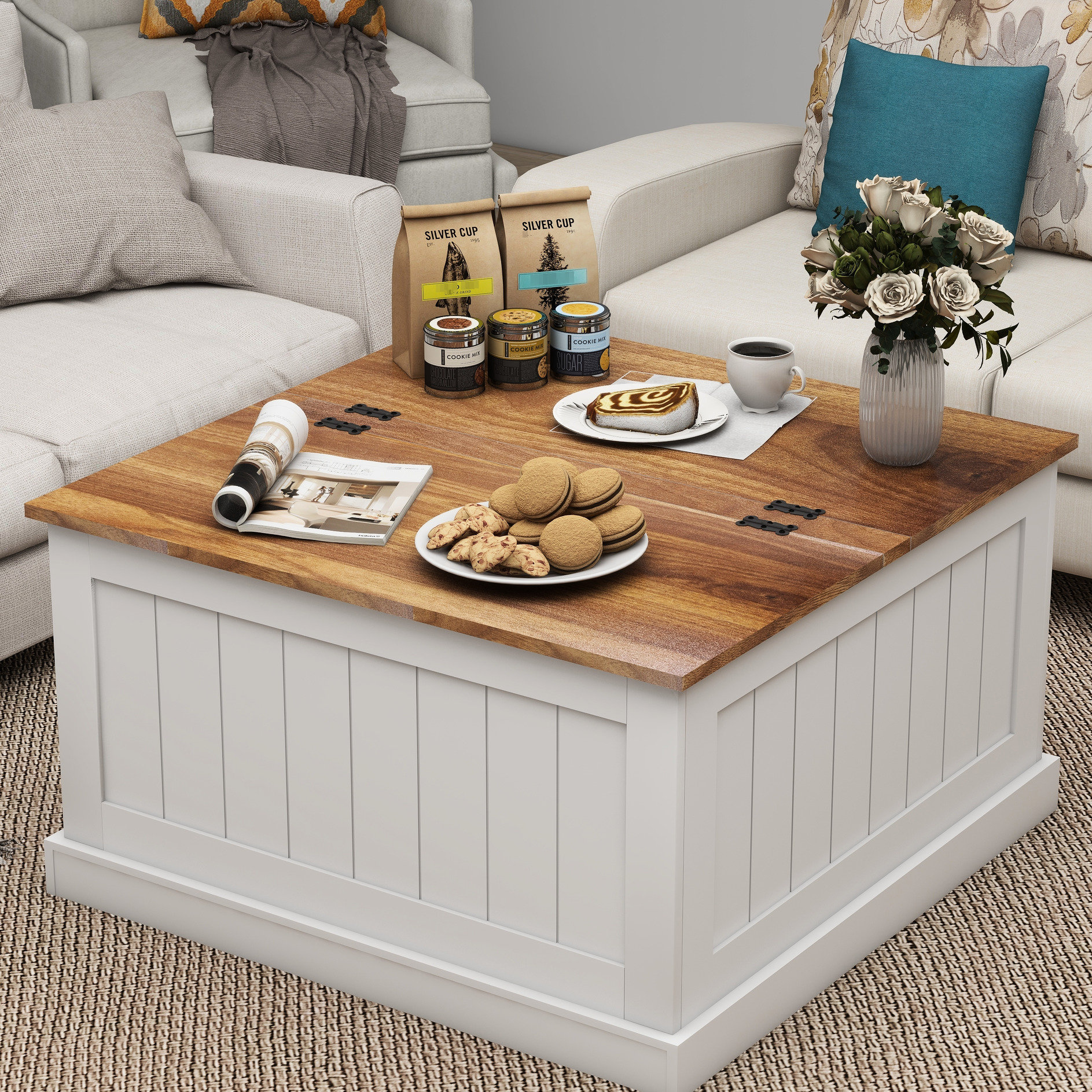 August Grove® White Rustic Coffee Table, 31.5" Square With Lift Top ...