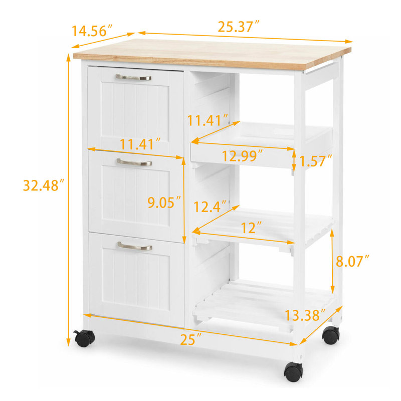 Dovecove Rubber Wood Counter Top Kitchen Island Storage Cart with 3 ...