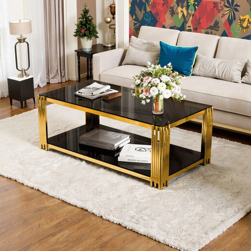 Ivy Bronx Rectangle Glass Coffee Table with Asymmetrical Metal Frame ...