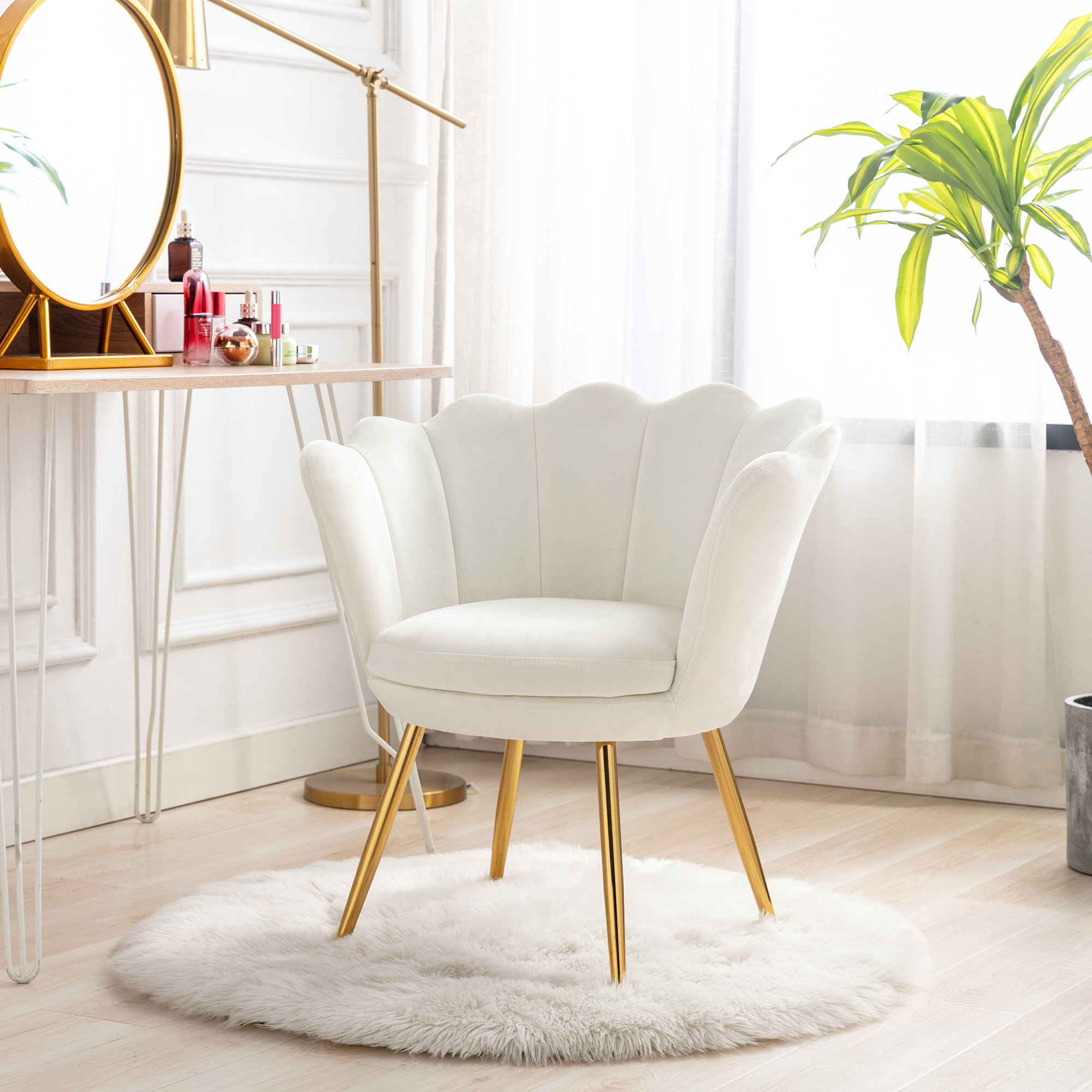Everly Quinn Accent Chair For Living Room, Velvet Gold Cute Vanity ...