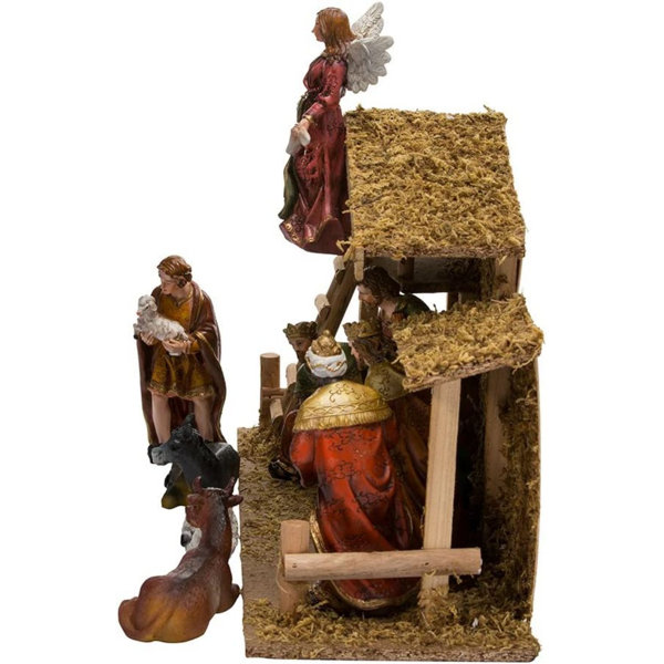 The Holiday Aisle® 12-Piece Wooden Stable Nativity Set, Brown | Wayfair
