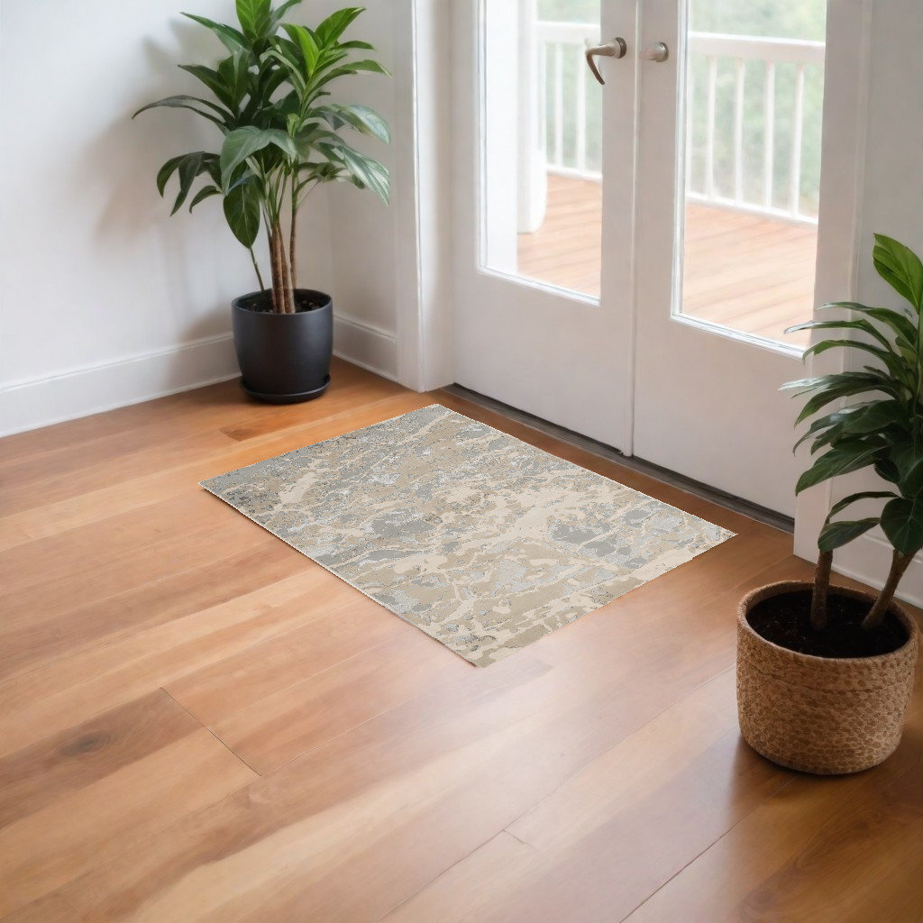 HomeRoots 3'X5' Sand Grey Machine Woven Abstract Watercolor Indoor Area ...