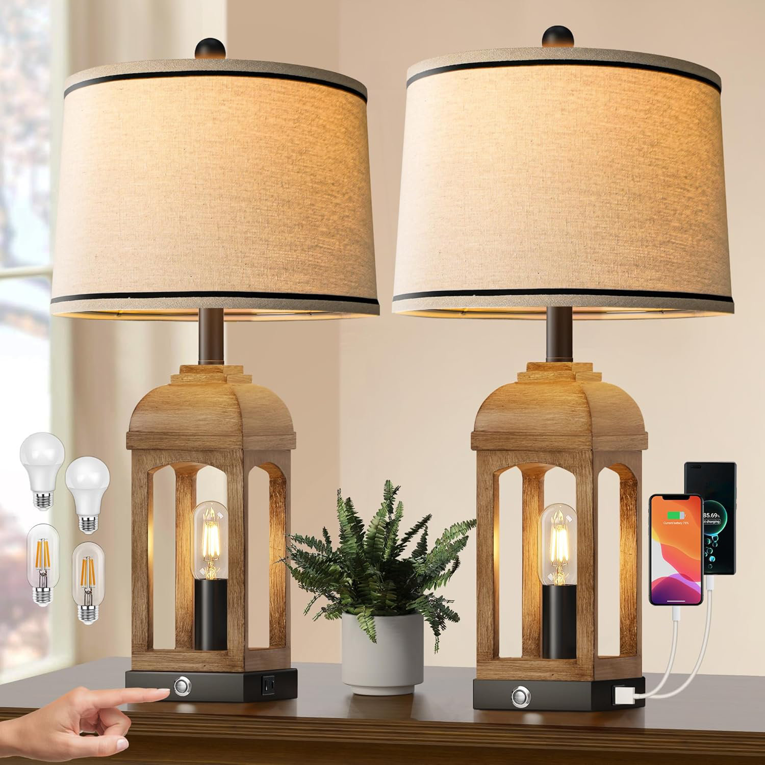 Winston Porter Bedside Table Lamps Set Of 2 With USB Ports, Nightlight ...